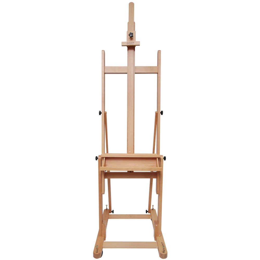 Mont Marte Tilting Studio Wooden Floor Easel. Height Adjustable Extra Large H-Frame Featuring a Large Tilt Range. Castor Wheels Allow Easy Movement and Can Be Locked into Place.