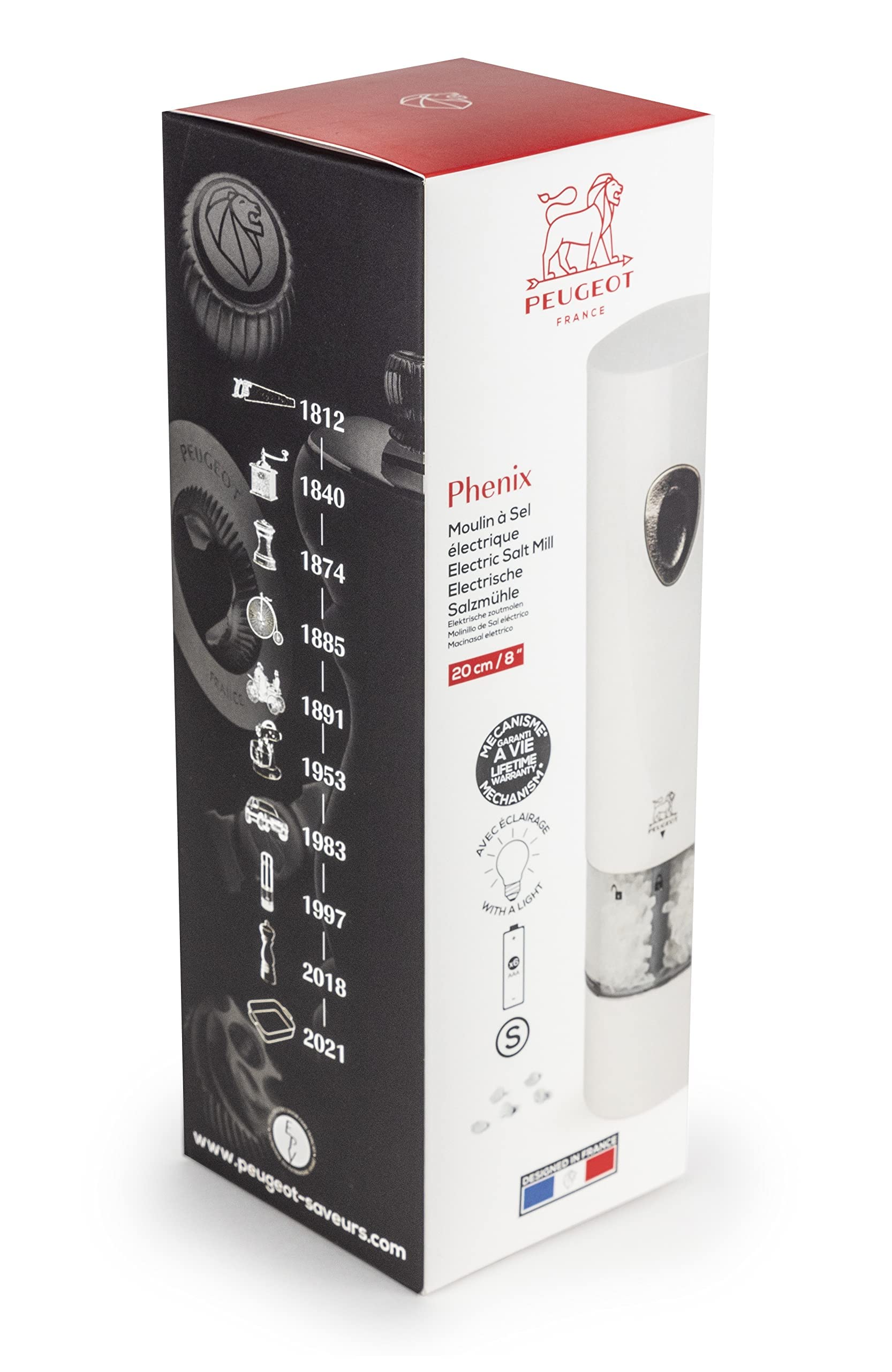 Peugeot PHENIX Stainless Steel Electric Adjustable Salt & Pepper Mill Gift Set, 8-inch (White Lacquer)