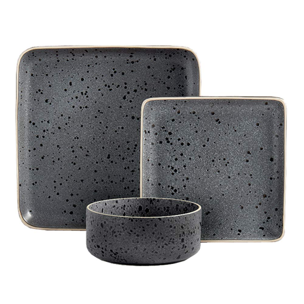 Tabletops Gallery Madison Fashion Dinnerware Collection- Square Contemporary Modern Reactive Glaze Dinner Salad Plate Bowl 4 Place Setting, 12 Piece Madison Dinnerware set in Speckled Grey