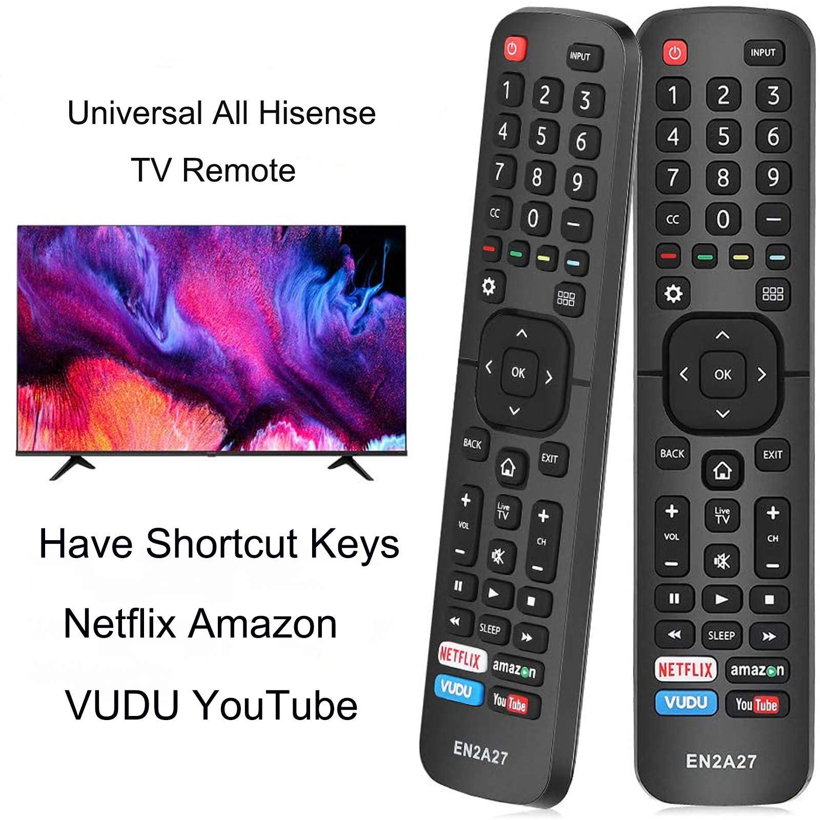 Universal Remote Control for Hisense LED HDTV TV HD Smart TV Remote. It is Equipped with Netflix, Amazon, Vudu and YouTube Buttons