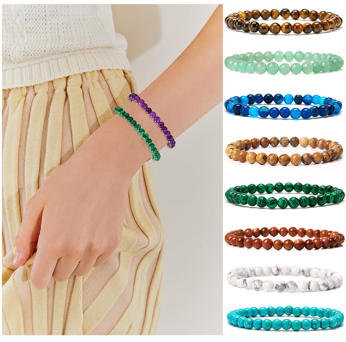 SAMOCO 12PCS 6mm Gemstone Beaded Bracelets for Women Tiny Crushed Stone Crystal Bracelet Beaded Couples Stretch Unisex Stretch Bracelets Jewelry