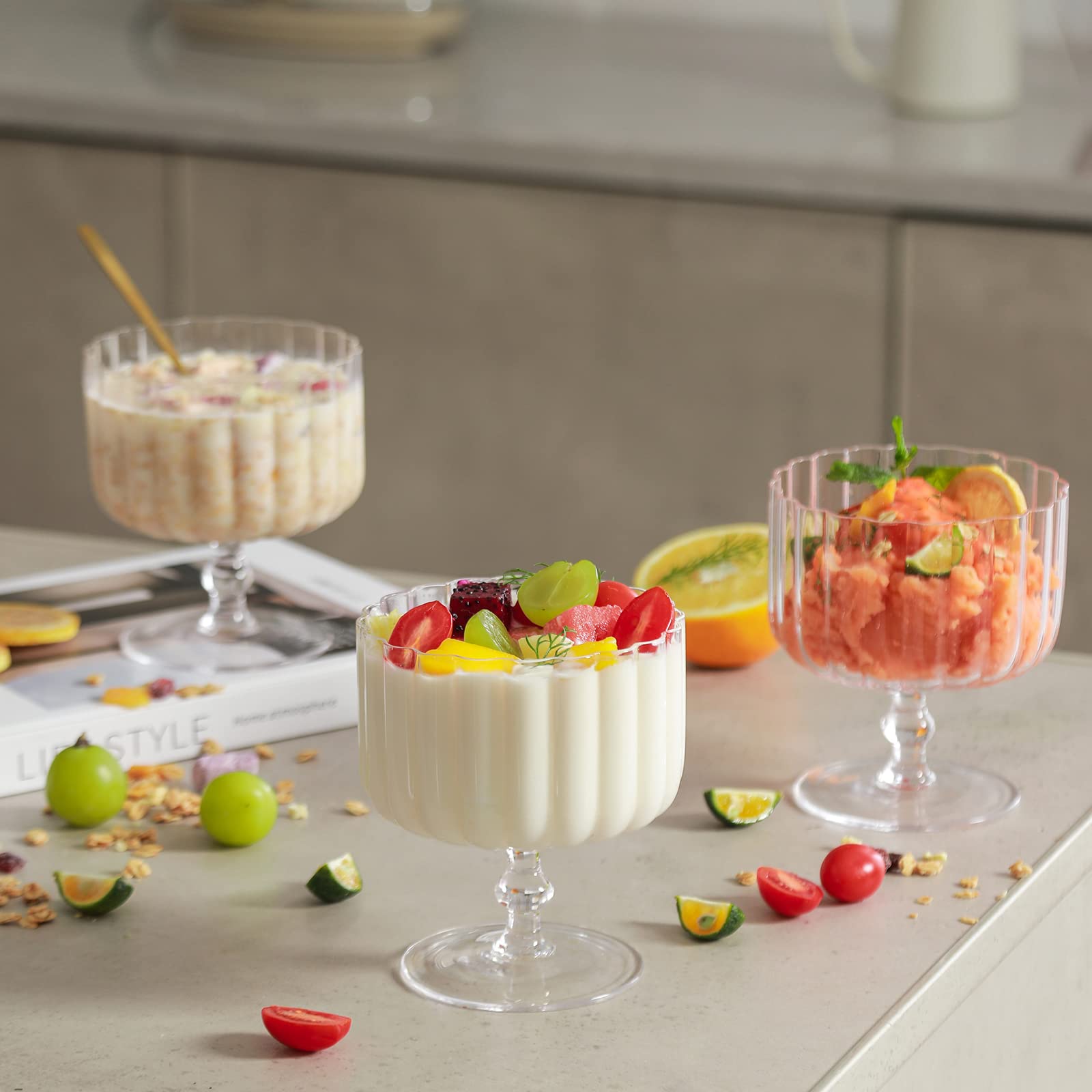 Trifle Bowl Glass with Pedestal, Wave Shaped Crystal Clear Glass Individual Ice Cream Bowls, 18.0 oz Set of 4, Large Decorative Dessert Bowls, Sundae Bowls, Fruit, Salad, Pudding, Snack, Trifle, Nuts