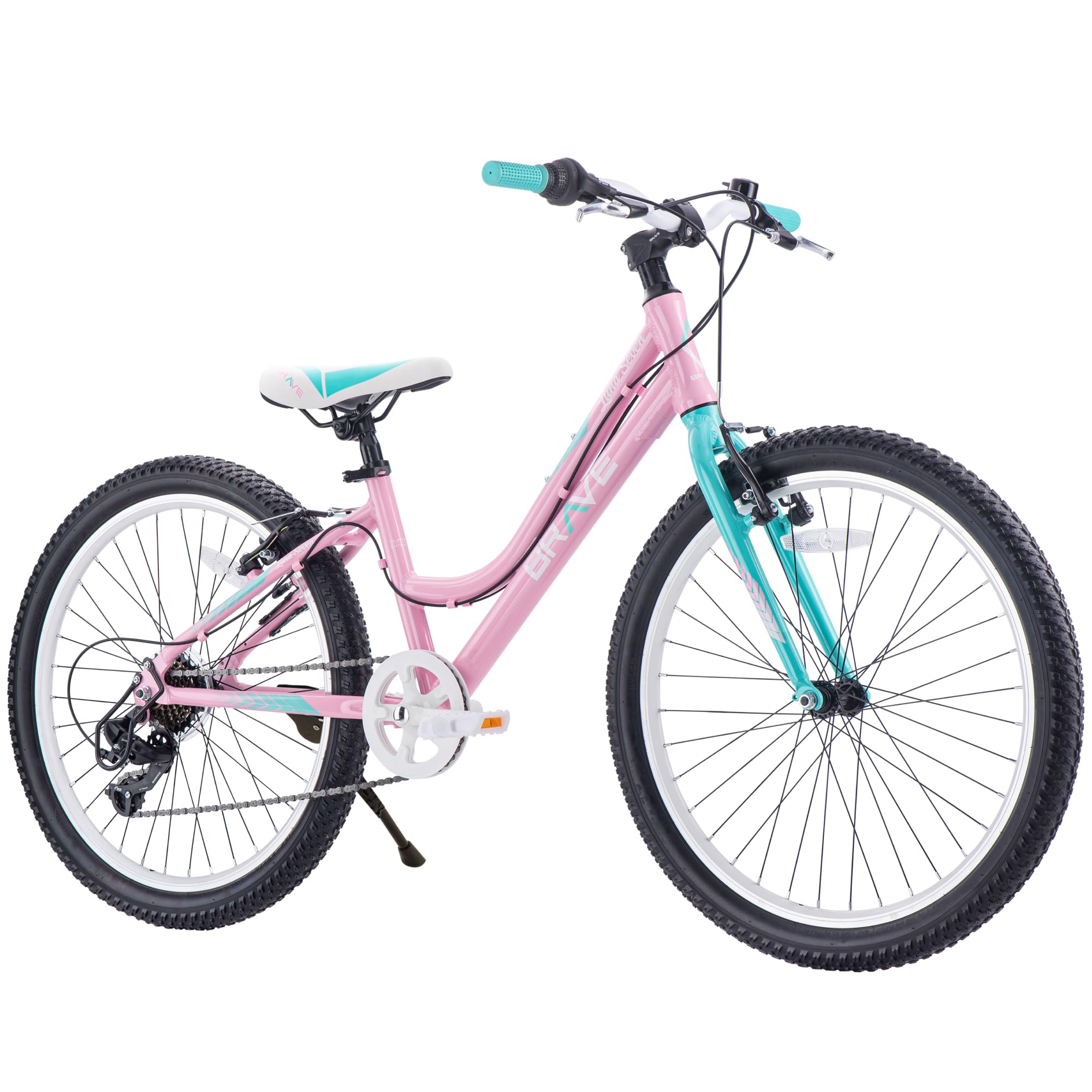 Revere Kids 24" Girls 7-Speed Cruiser Children's Bicycle for Ages 7-11 Years Old. Lightweight Aluminum Frame and Fork, Easy to Ride! (Pink/Cyan)