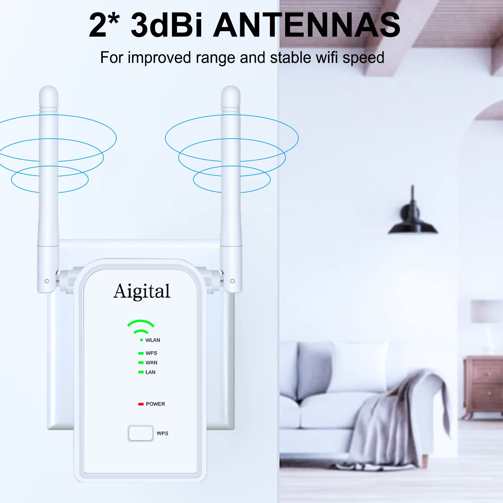 WiFi Extender, Aigital 300Mbps WiFi Extender with Ethernet Ports, Long Range Wireless Repeater Internet Amplifier, 2.4GHz Stable WiFi Range Extender Signal Booster for Home, WPS, Easy Setup