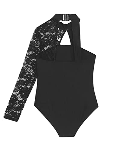 TiaoBug Girls Open Back Long Sleeve Gymnastics Leotard Off-Shoulder Turtle Neck Ballet Dance Leotard Bodysuit Activewear Black B 6