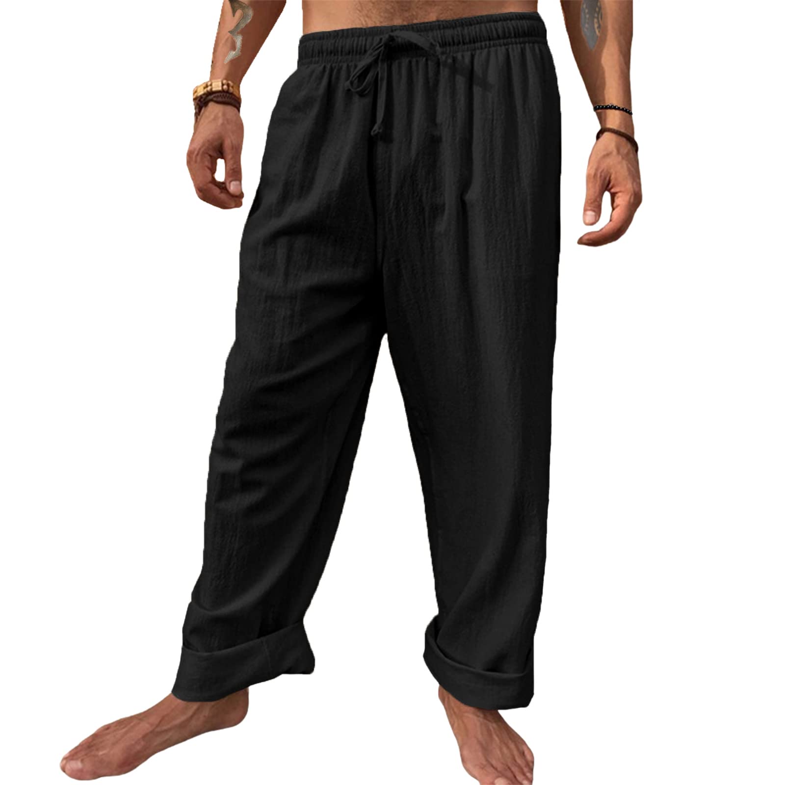 Mens Casual Linen Pants Loose Fit Lightweight Drawstring Summer Beach Yoga Pants Long Trousers Black