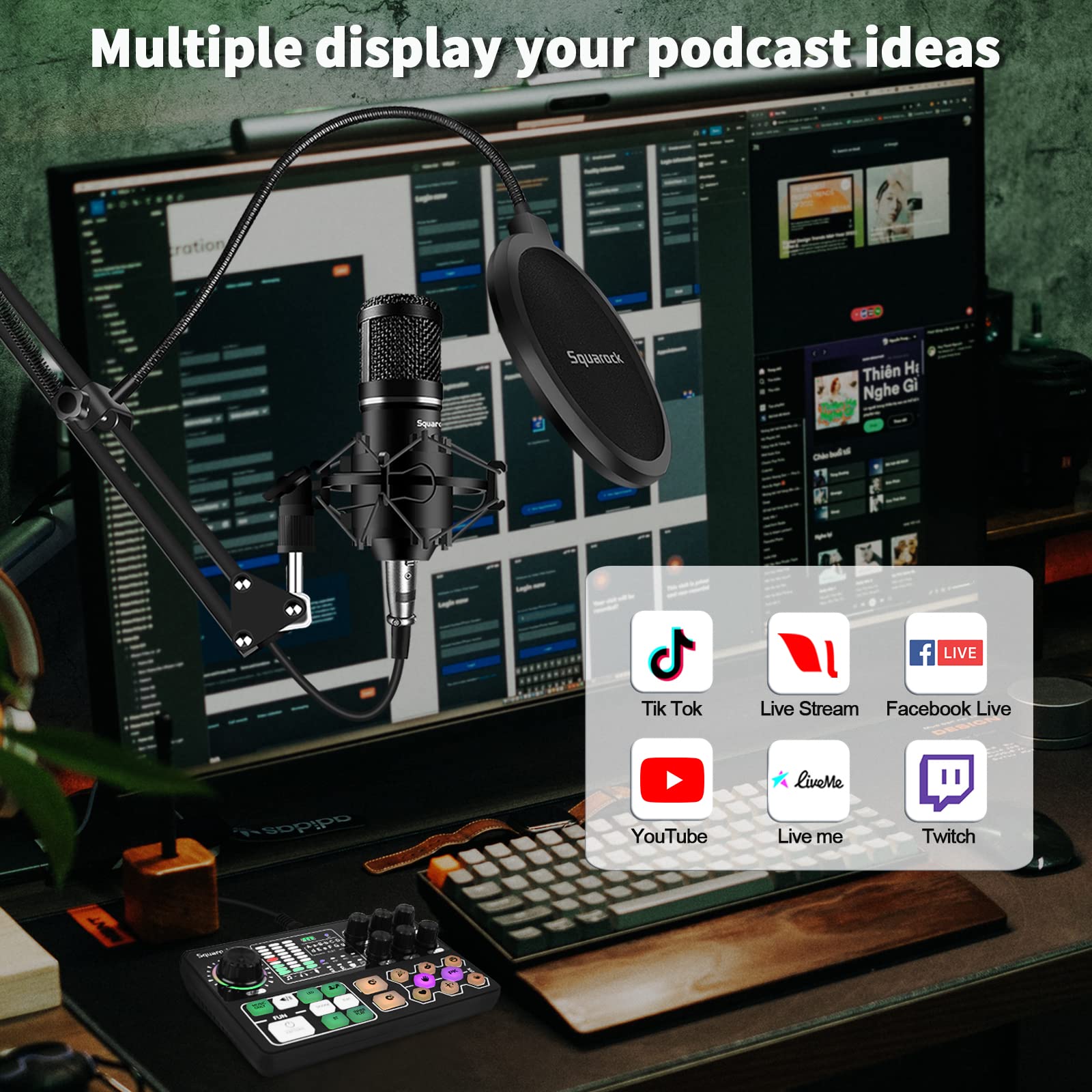 Podcast Equipment Bundle,Audio Interface DJ Mixer and Studio Broadcast Microphone, Perfect for Recording,Live Streaming,Gaming,Compatible with PC,Smartphone,Play Station