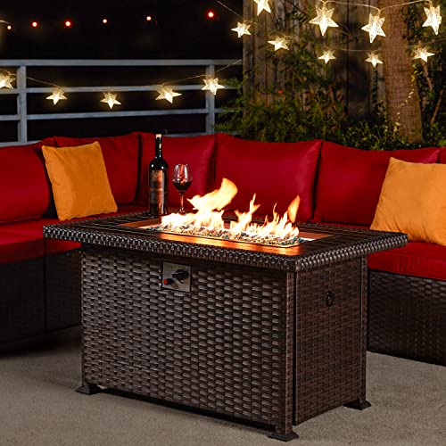 Vicluke 44in Porpane Fire Pit Table, Gas Fire Table for Outside with CSA Certification, 50,000 BTU Auto-Ignition Aluminum Propane Fire Pit with Lid, Cover, Glass Beads(Brown)