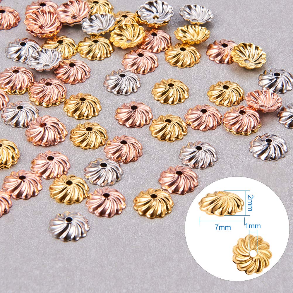 PH PandaHall About 600 Pcs Brass Flower Petal Bead Caps Spacers 7x2mm for Jewelry Making, Golden, Silver and Rose Gold