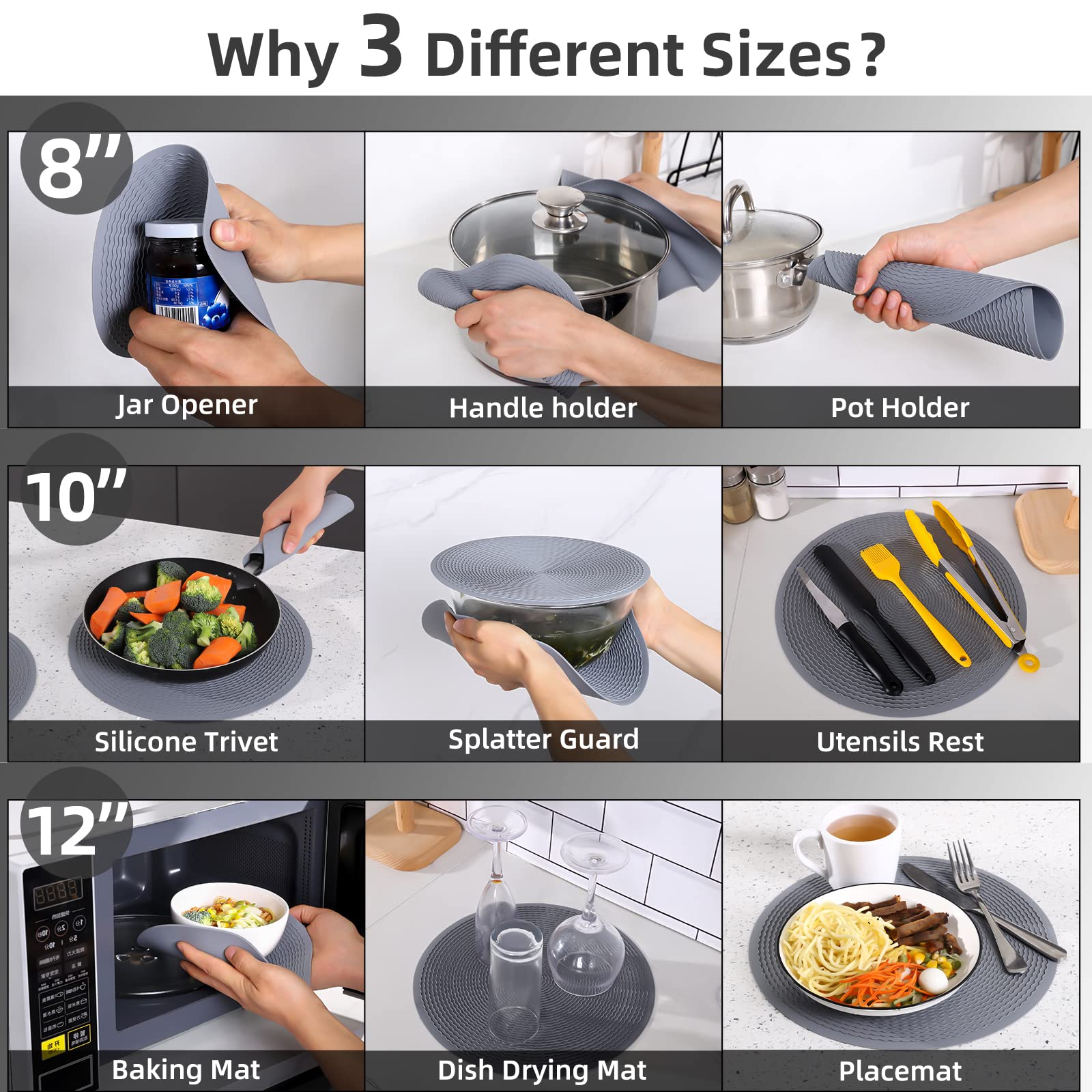 Stron-Dura 12 "10" 8" Microwave Mat, Multi Purpose Pot Holders,Trivets for Hot Dishes,Trivet, Drying Mat,Baking Mat,Place Mat,Utensils Rest,Food Safe Heat Resistant,Gray
