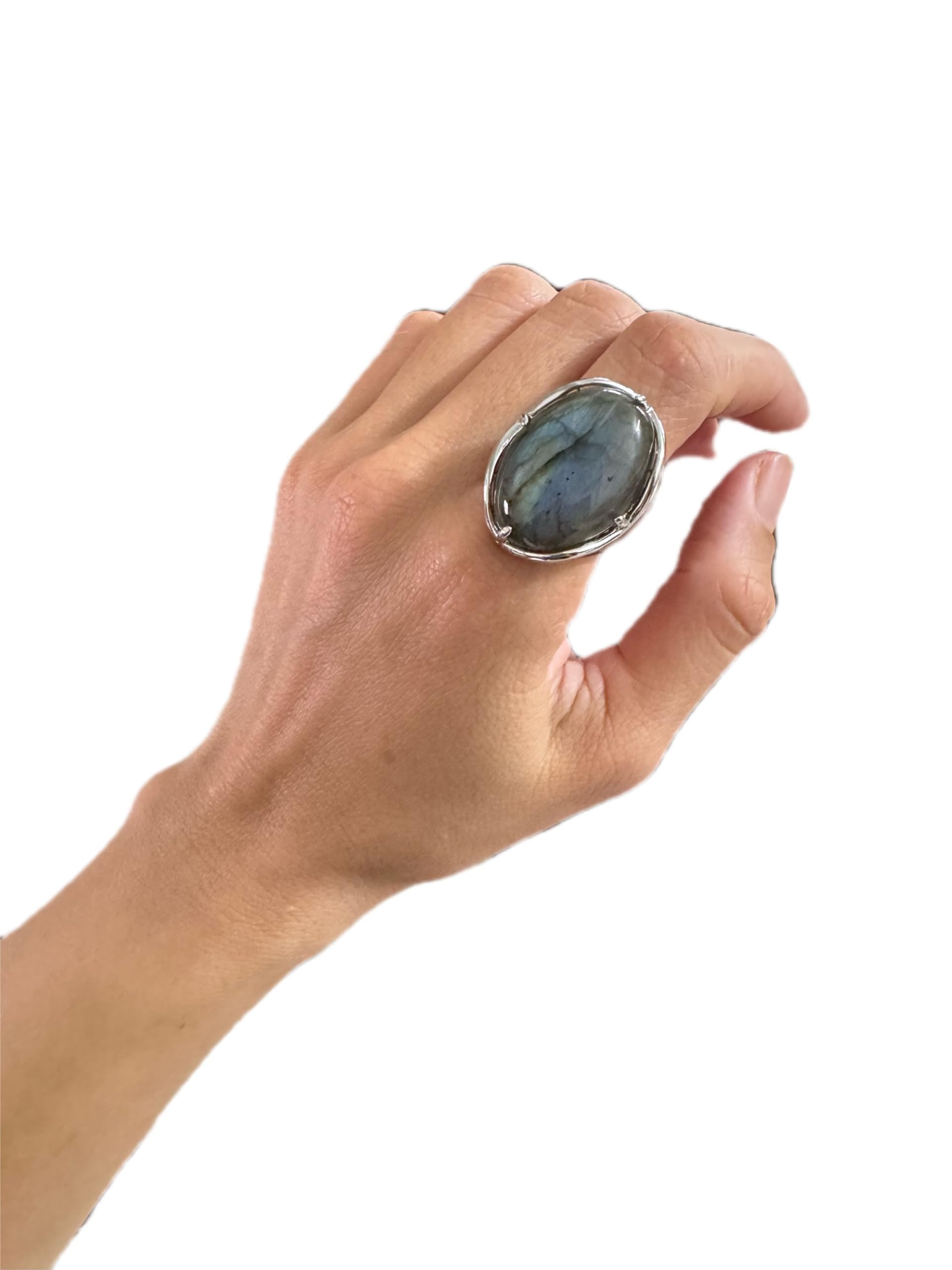 Natural Stone Adjustable Finger Rings Semi Precious Oval Shaped Gemstone Jewelry For Women Anniversary Birthday Wedding Gift (AA Quality Labrodarite)