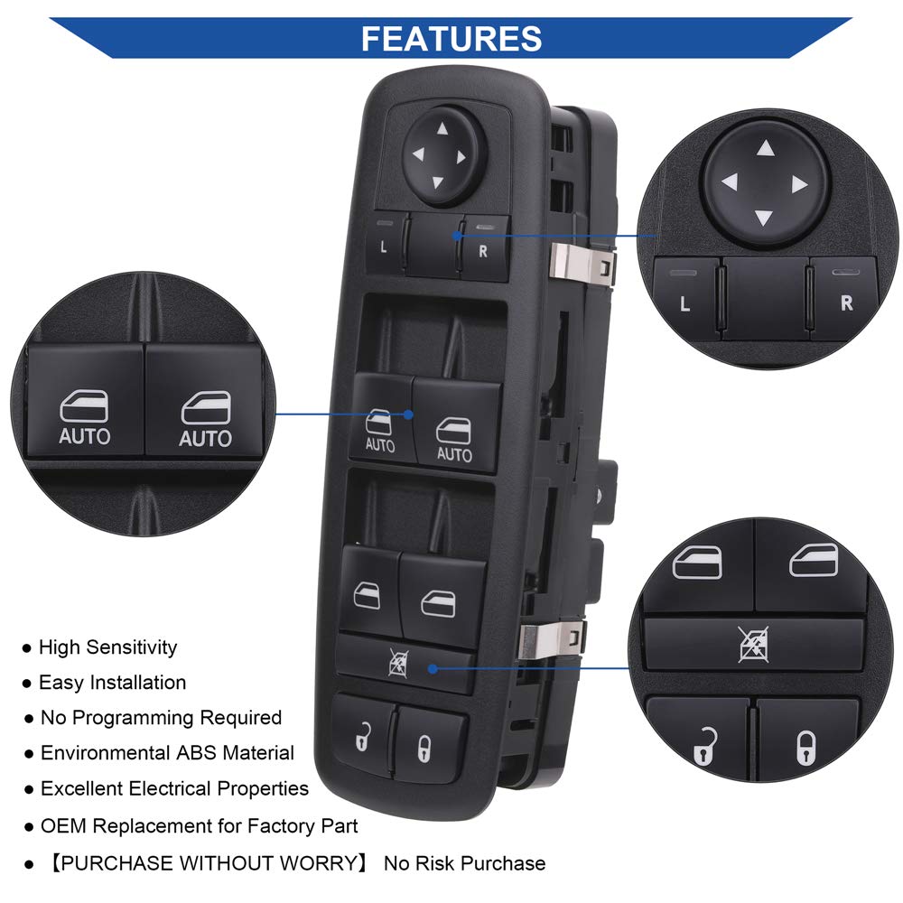 Obaee Front Left Window Switch 68231805AA Compatible with 2011-2012 Chrysler 300, 2015-2017 Chrysler 200, 2011-2014 Dodge Charger, 2016 Ram 1500 2500 3500 4500 5500 4-Door Replace 68139805AB
