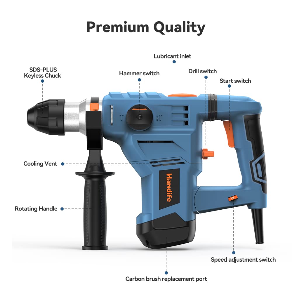 y Duty Rotary Hammer Drill 12.5 Amp, 1-1/4'' SDS-Plus, 3 Functions with Vibration Damping Technology, Safety Clutch, 6-Speed Regulation, Used for Concrete, Metal, and Stone (Blue)