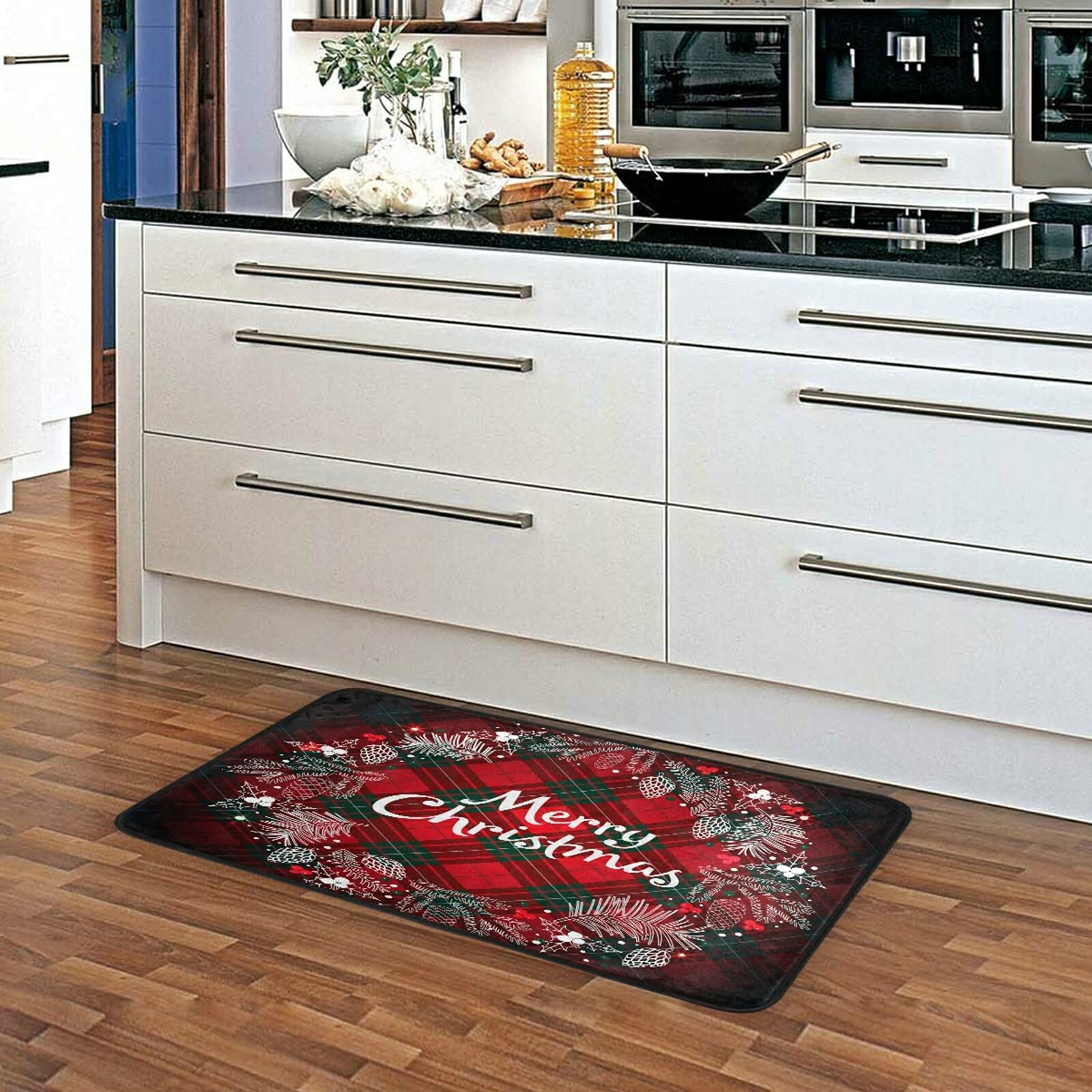 senya Christmas Rugs Kitchen Rugs Runner Christmas Monogram Wreath Tartan Plaid Doormat Bath Rugs Mat Non Slip Area Rugs for Bathroom Kitchen Indoor 39" X 20"
