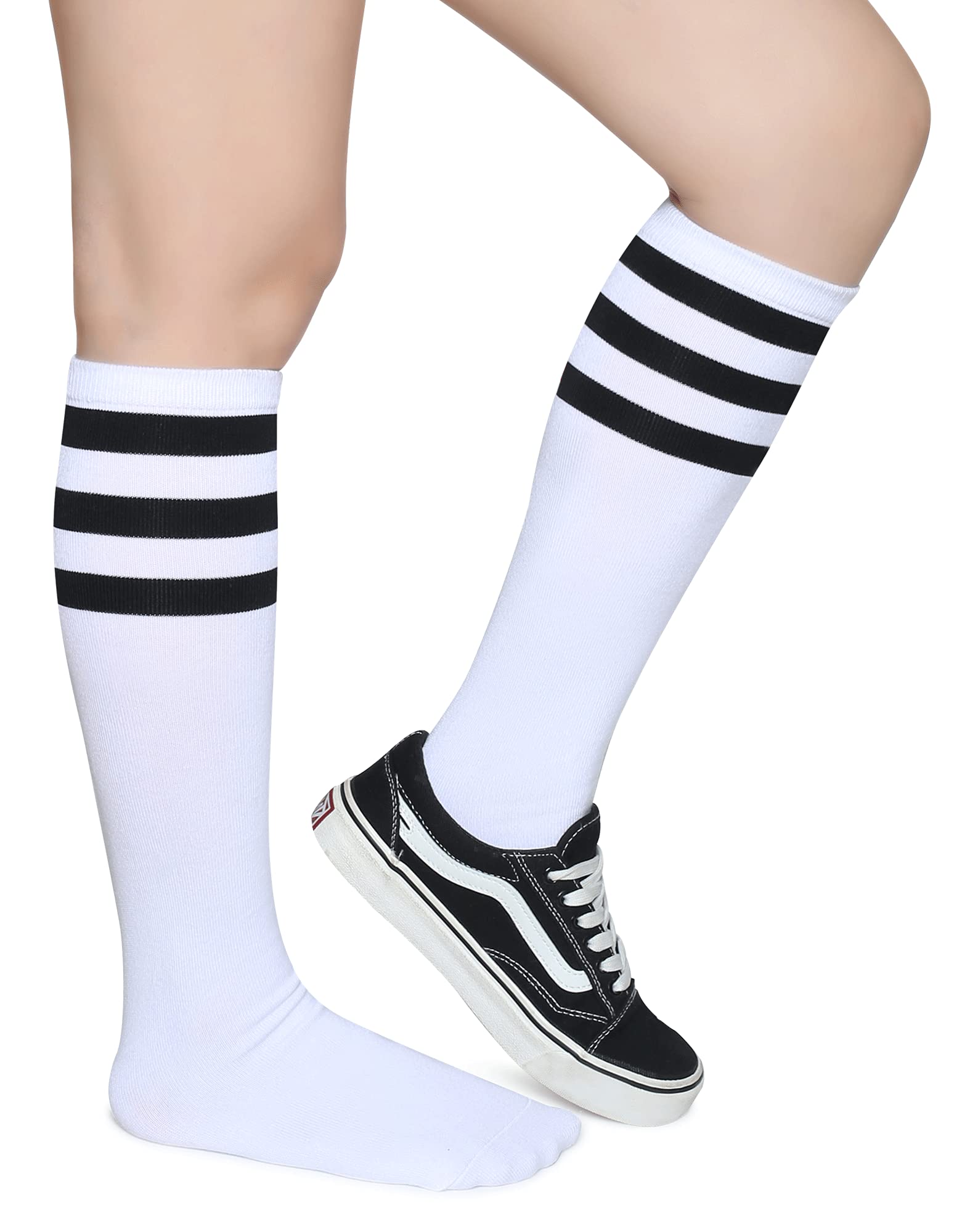 Pareberry Casual Cotton Solid & Triple Stripe Colors Knee High Tube Socks-3 Pairs (A05-(Black+White+Light Gray))