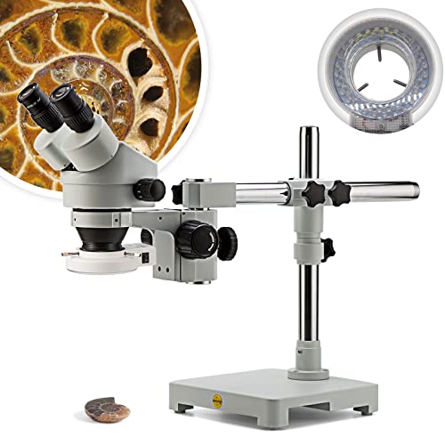 SWIFT S7 Professional Binocular Stereo Zoom Microscope,WF10X Eyepieces,3.5X-90X Magnification 0.7X-4.5X Objective,56-Bulb LED Ring Light, Single-Arm Boom Stand,0.5X and 2X Barlow Lens