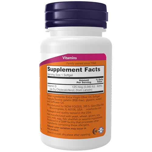 NOW Supplements, Vitamin D-3 5,000 IU,High potency, Structural Support*, 240 Softgels