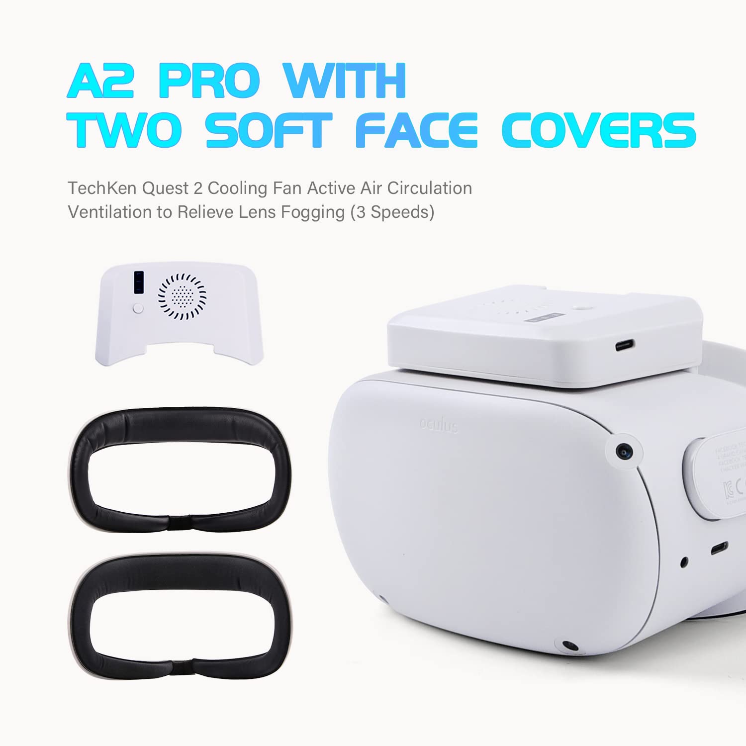 TechKen Cooling Fan Face Cover for Meta/Oculus Quest 2 Accessories with 2 Soft Face Cover, A2 Pro Quest 2 Cooling Fan Active Air Circulation Ventilation to Relieve Lens Fogging (3 Speeds)