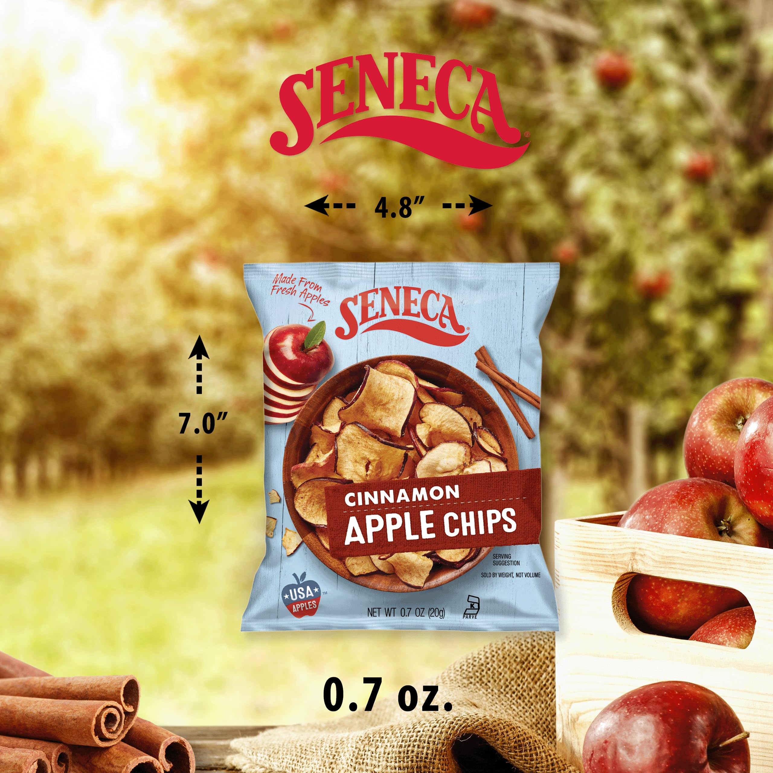 Seneca Cinnamon Apple Chips | Made from Fresh Apples | 100% Red Delicious Apples | Yakima Valley Orchards | Real Cinnamon | Crisped Apple Perfection | Foil Fresh Bag | 0.7 ounce (Pack of 24)