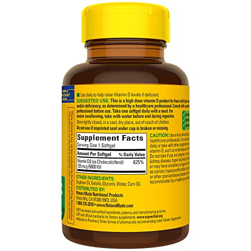 Nature Made Extra Strength Vitamin D3 5000 IU (125 mcg), Dietary Supplement for Bone, Teeth, Muscle and Immune Health Support, 360 Softgels, 360 Day Supply