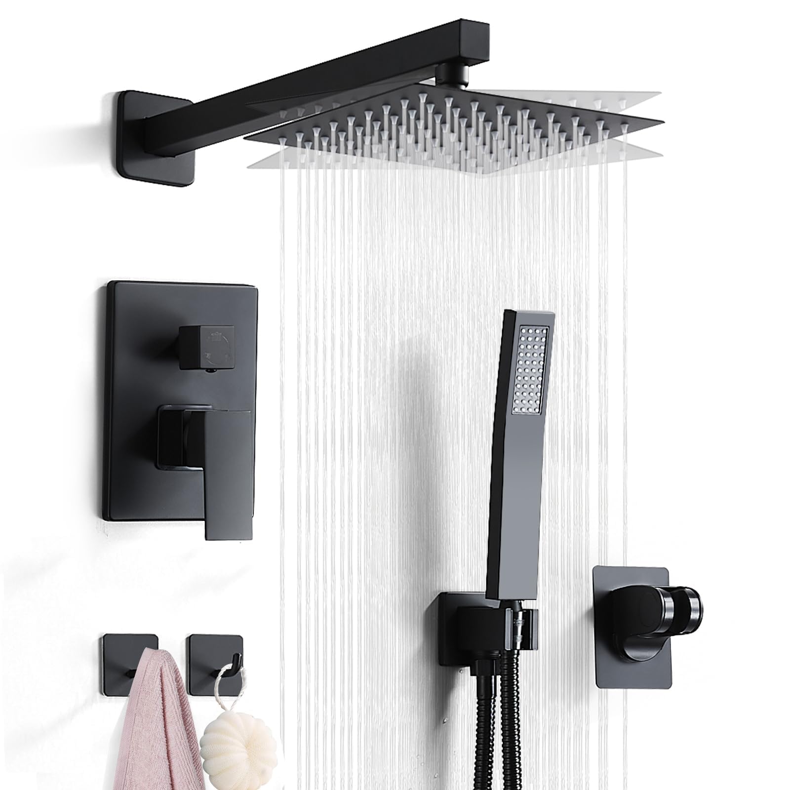 RTTWYYUU Matte Black Shower Head and Handle Set 10 Inch, Rain Shower Head with 2 Hooks, Luxury Rain Shower Set Square Wall Mount for Bathroom with Rain Shower and Handheld Shower System