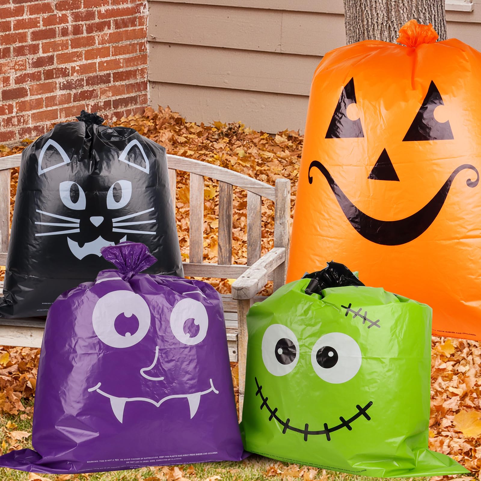 POPGIFTU 12 PCS Halloween Lawn Leaf Bags Pumpkin Lawn Bags, with 6 Halloween Pattern Designs, Plastic Outdoor Fall Leaf Trash Bag for Fall Decorations Outdoor Yard Lawn Halloween Decorations