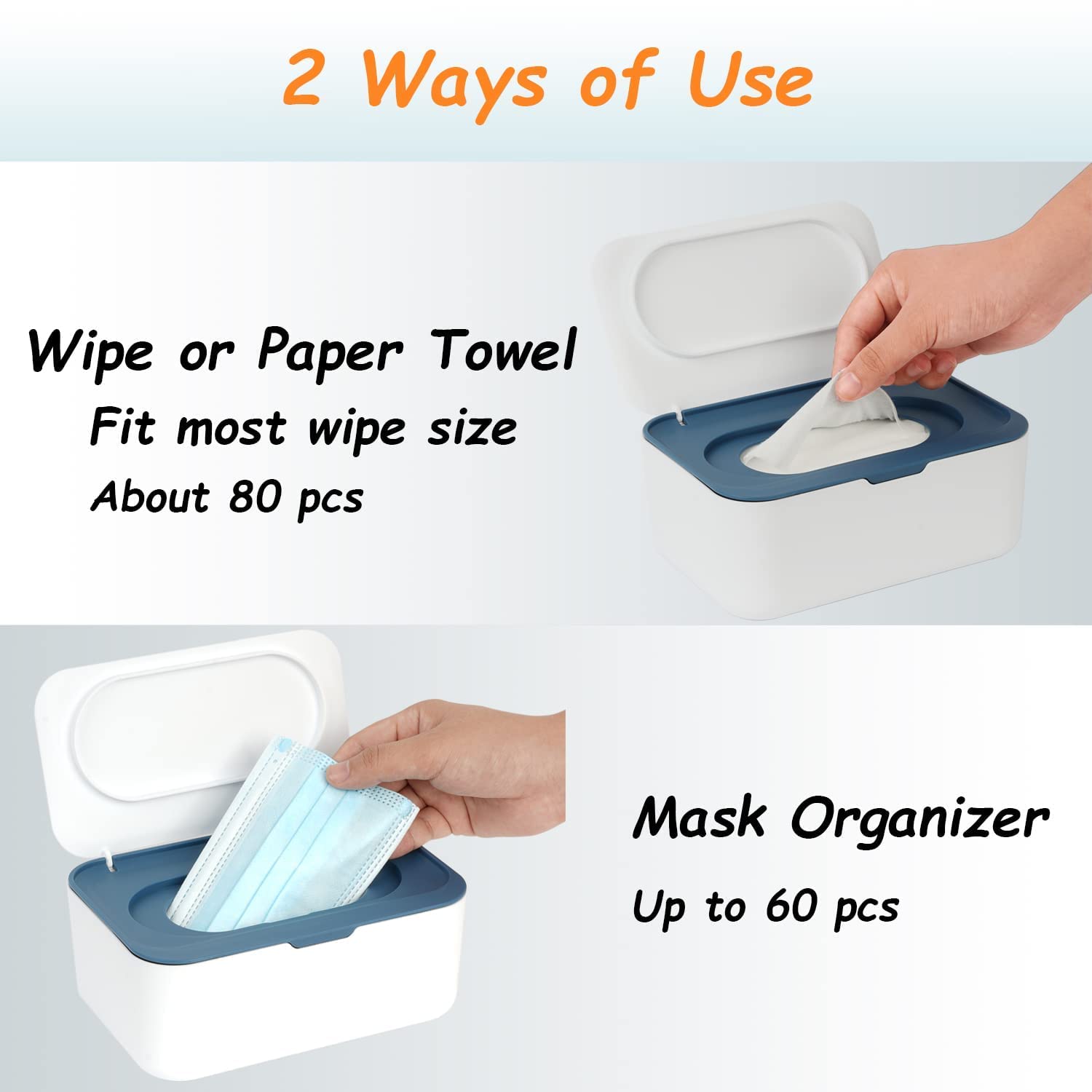 Wipes Dispenser with 2 Portable Wipe Cases, Wipe Holder for Baby & Adult, Seposeve Refillable Wipe Container, Keeps Wipes Fresh, One-Handed Operation. Easy Open/Close Wipes Pouch Case, (Light Blue)