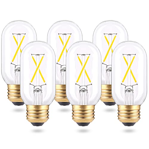 Tubular LED Edison Bulb 5000K Daylight White, 25W Equivalent 200 Lumens, 2W Dimmable T45(T14) LED Filament Light Bulbs, Clear Glass, 6 Pack