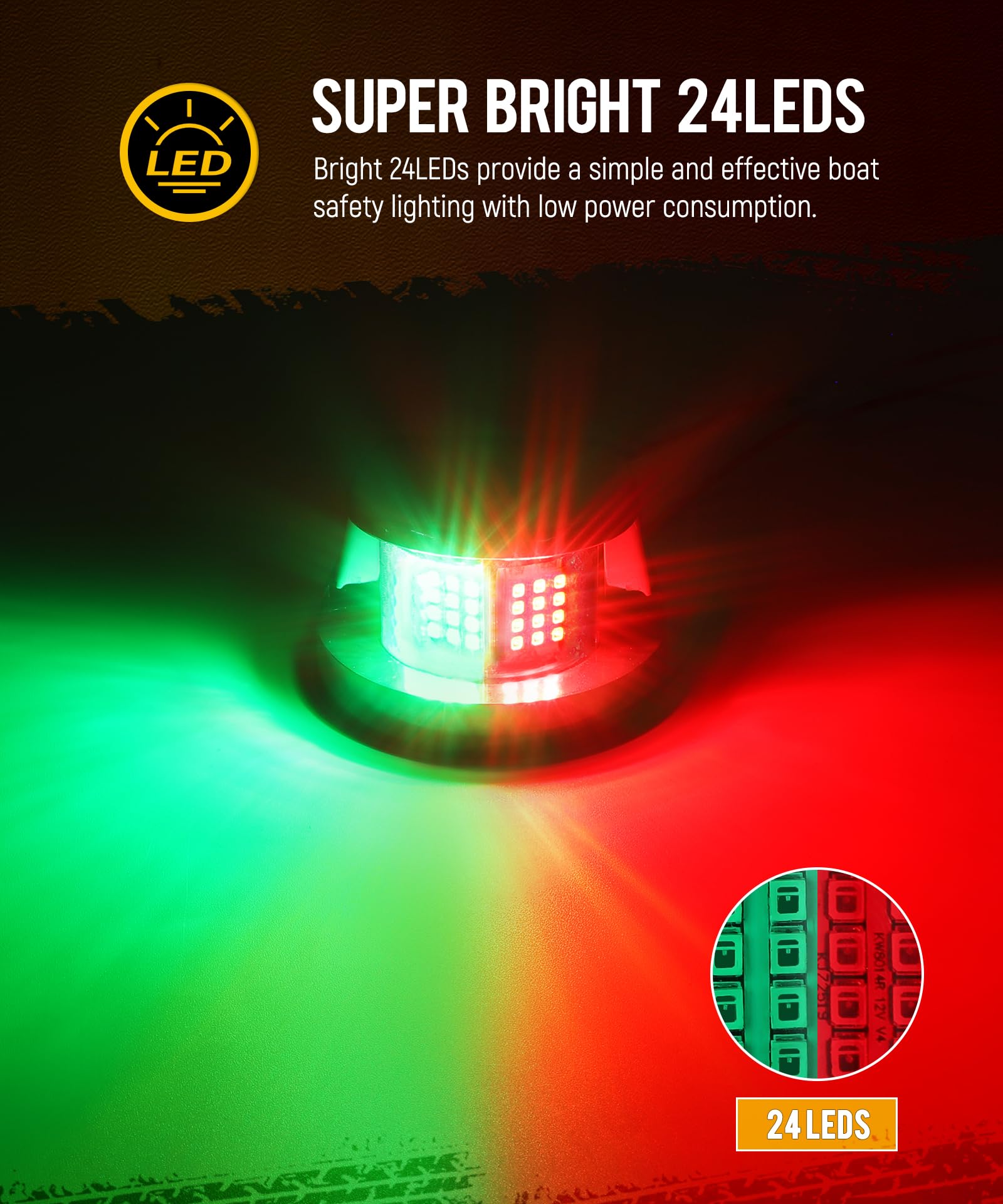 Partsam 1Pcs Marine Boat Bow Lights, 24 LED Red and Green Navigation Light for Vessle Pontoon Yacht Skiff Skeeter