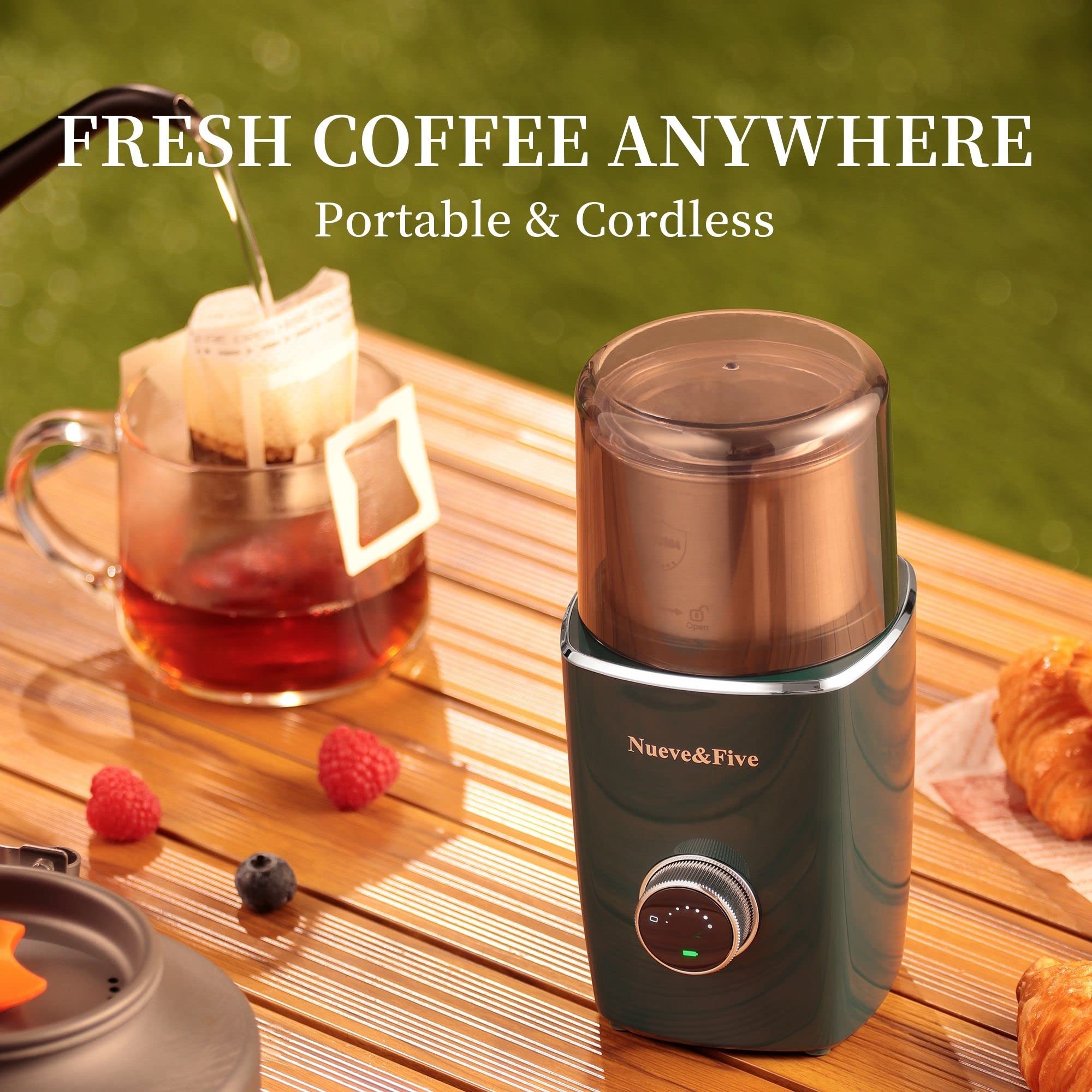 Nueve&Five Adjustable Coffee Grinder Electric, Cordless Coffee Grinder Espresso, Electric Coffee Grinder With Timing Setting, Coffee Bean Grinder Electric With Removable Stainless Steel Bowl (GREEN)