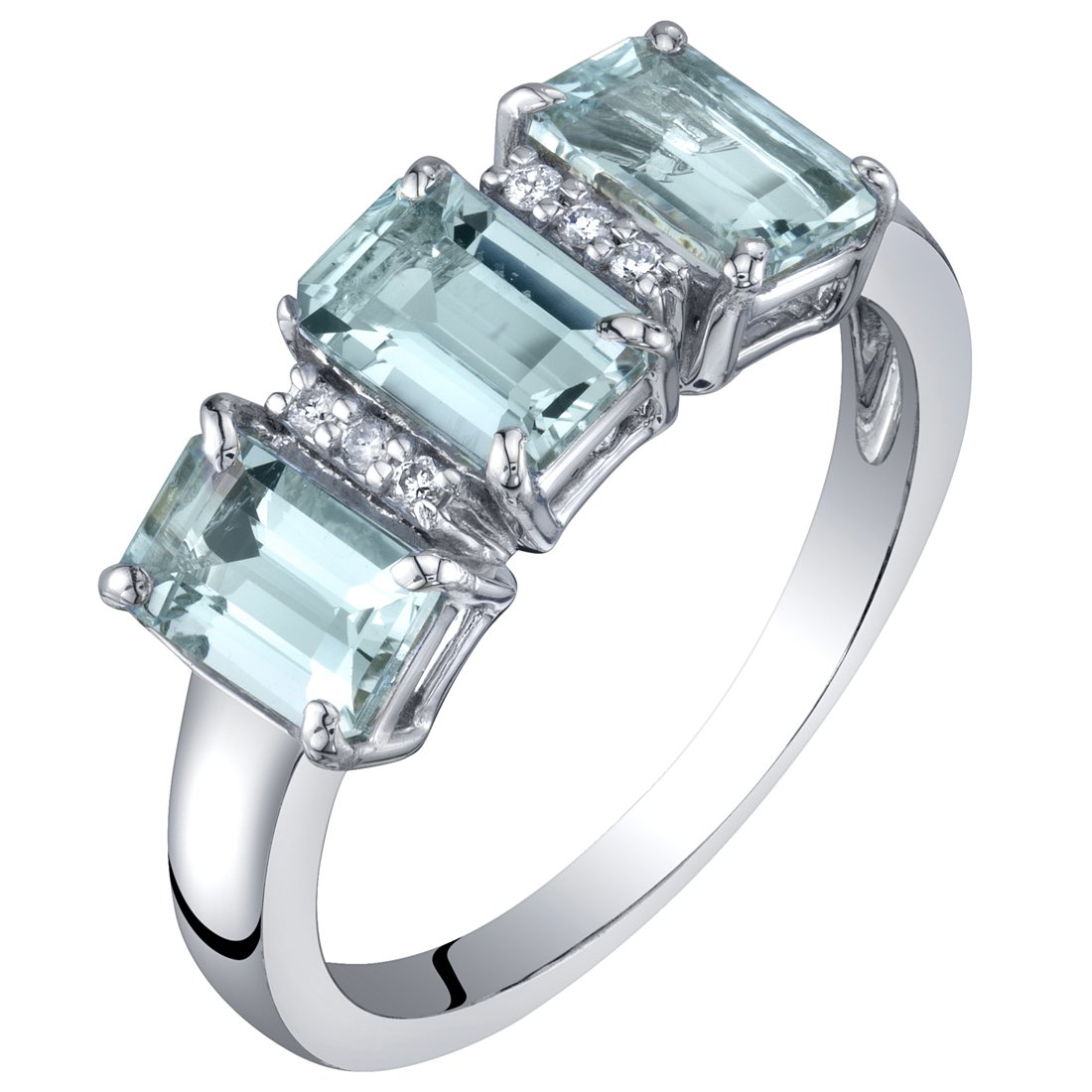 PEORA Aquamarine and Diamond Three Stone Ring for Women 14k White Gold, Genuine Gemstone Birthstone, 1.50 Carats total Emerald Cut 6x4mm, Size 8