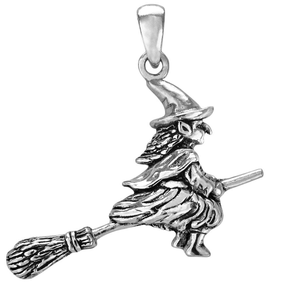 Moonlight Mysteries Sterling Silver Salem Witch Flying on Broom Pendant