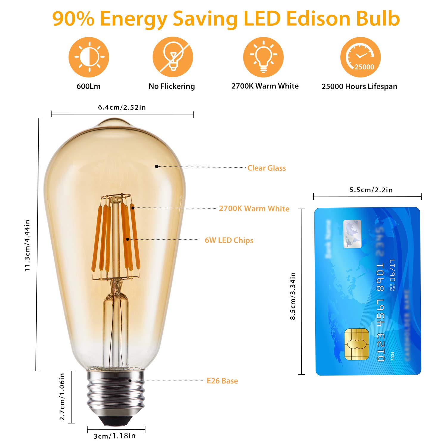 OxyLED 8 Pack LED Edison Bulbs 60W Equivalent, 6W Vintage Style LED Filament Light Bulbs, E26 Medium Base, Non-Dimmable, Warm White 2700K, Antique ST64 Amber Glass Bulb for Bathroom Kitchen Christmas