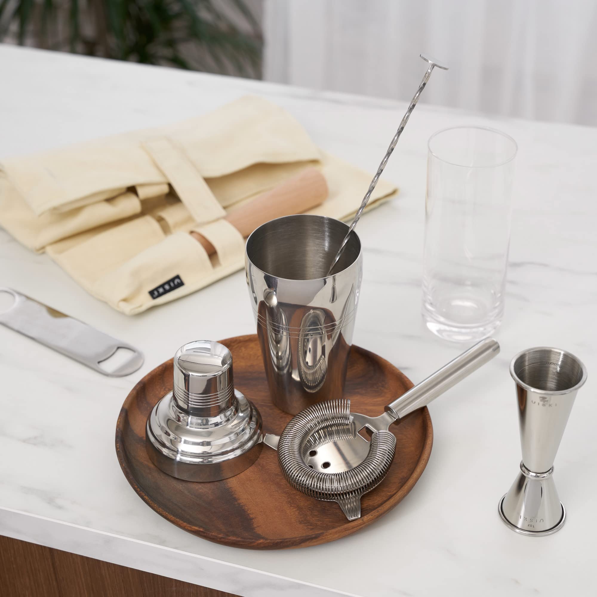 Viski Travel Bartender Kit 6pc Set, Drink Mixers for Cocktails Gift Essentials: Classic Cobbler Shaker, Hawthorne Strainer, Bottle Opener, Jigger, Barspoon, Muddler & Canvas Carry Bag