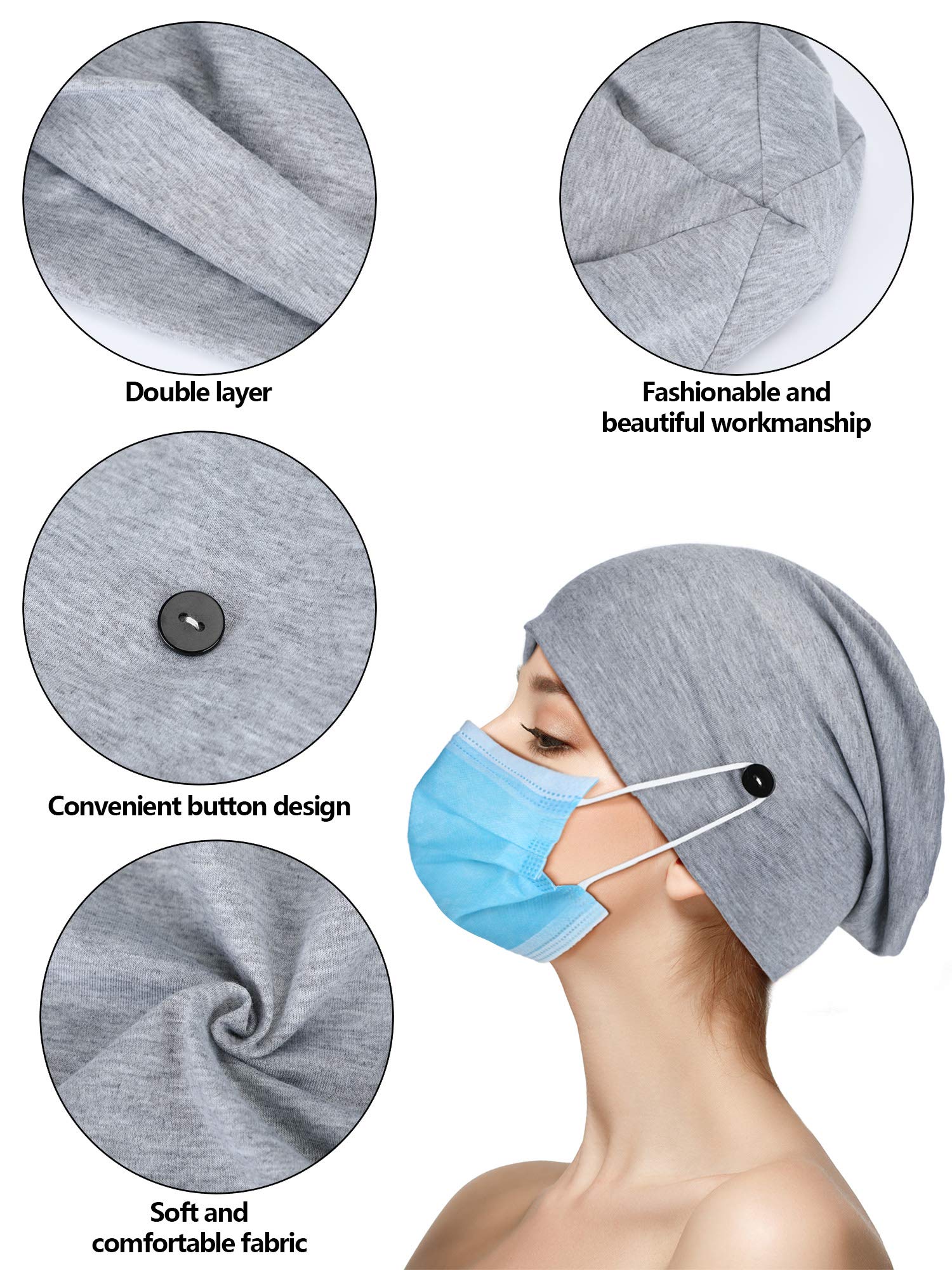 SATINIOR 4 Pieces Slouchy Beanie Caps with Buttons Bouffant Cap Elastic Sleeping Hats Button Headwrap (Black, Dark Grey, Grey, Beige)