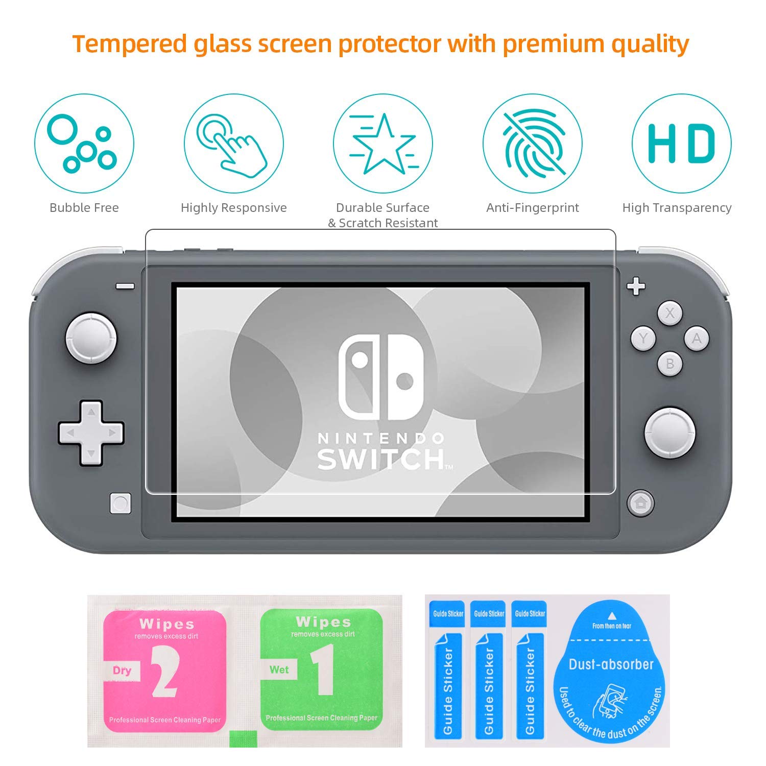 Protective Case Bundle for Nintendo Switch Lite, Tempered Glass Screen Protector, 4 Game Card Slots, Kick-Stand, Ergonomics Hand Grip, Shockproof, Anti-Scratch, Slim for Nintendo Switch Lite Case Gray