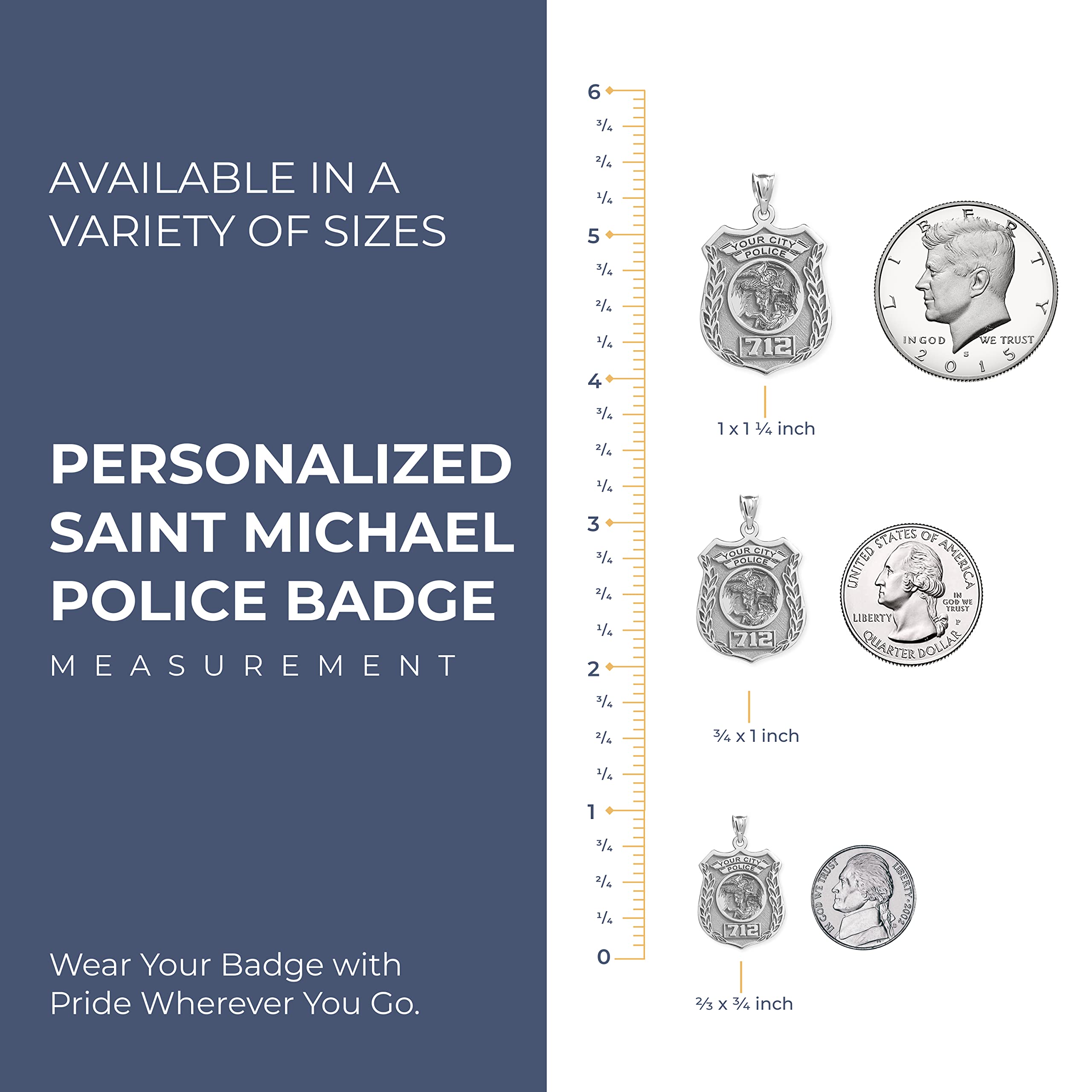 PicturesOnGold.com Solid Sterling Silver Saint Michael Personalized Police Badge with Department & Badge Number - Size 1 x 1-1/4 Inch