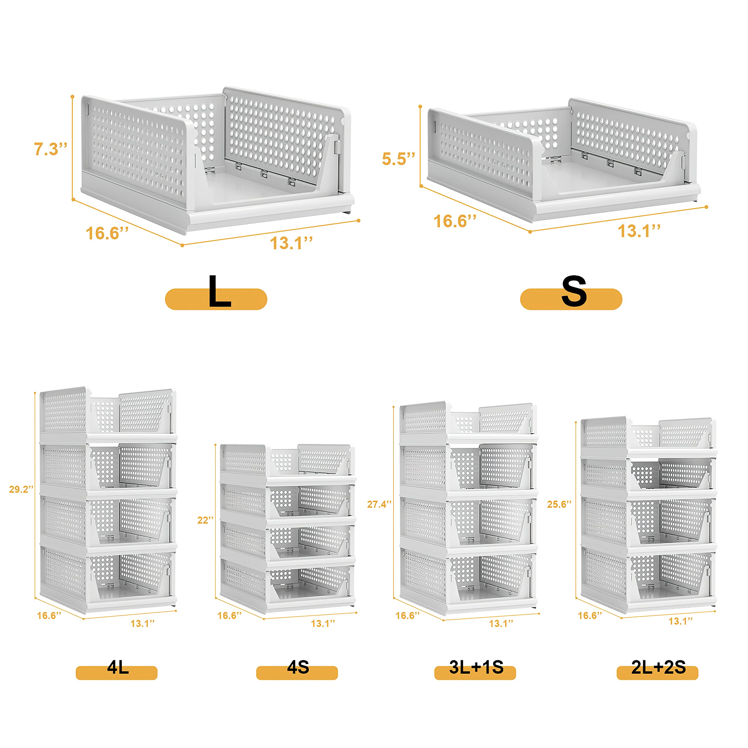 Proarea 4 Pack Stackable Plastic Storage Basket Closet Organizer Bin Foldable Clothes Organizer Storage Drawer Shelf Container for Living Room Bathroom Kitchen Office (4L)