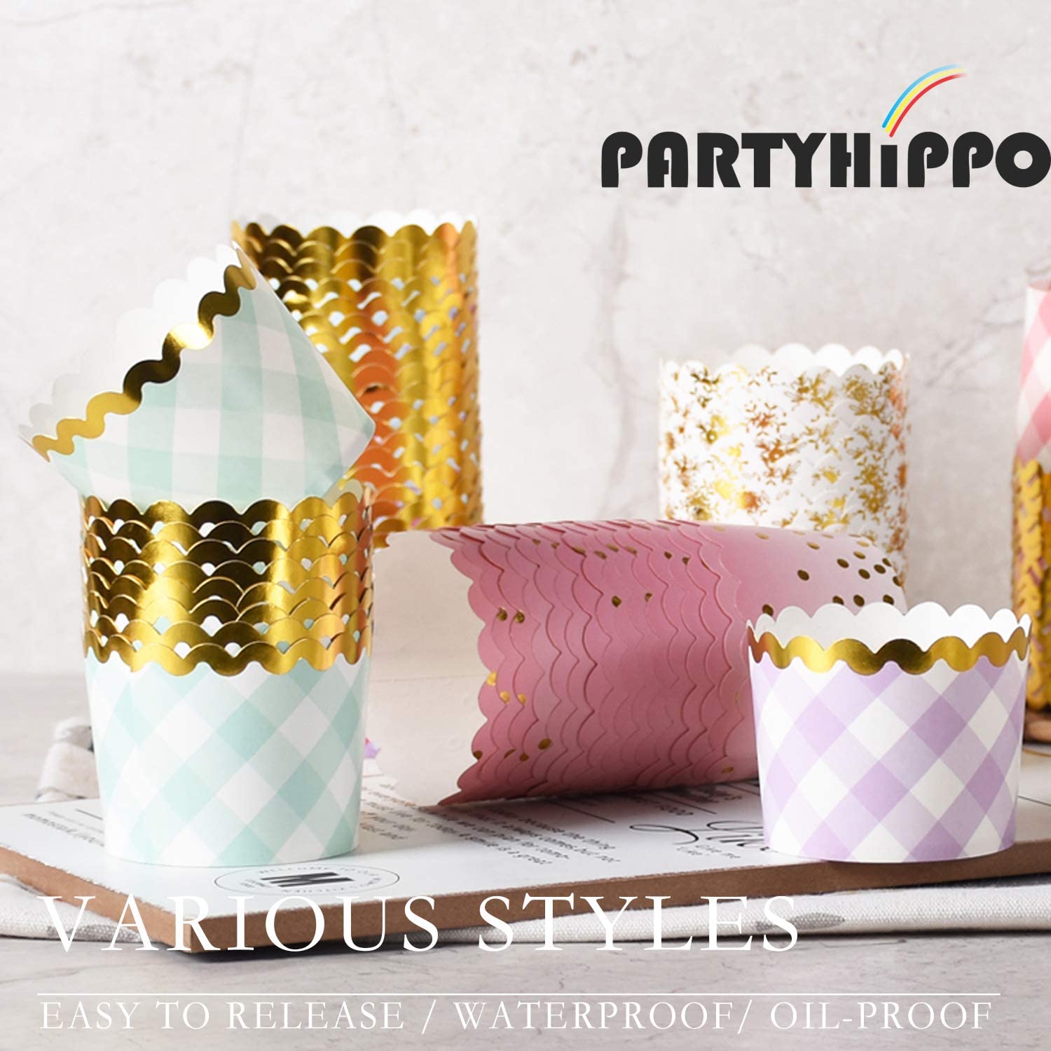 Party Hippo Cupcake Cups, 4.5 Oz 25 pcs Disposable Foil Muffin Liners, Gold Cupcake Baking Cups, Baking Cups(Gold Dots Blue)