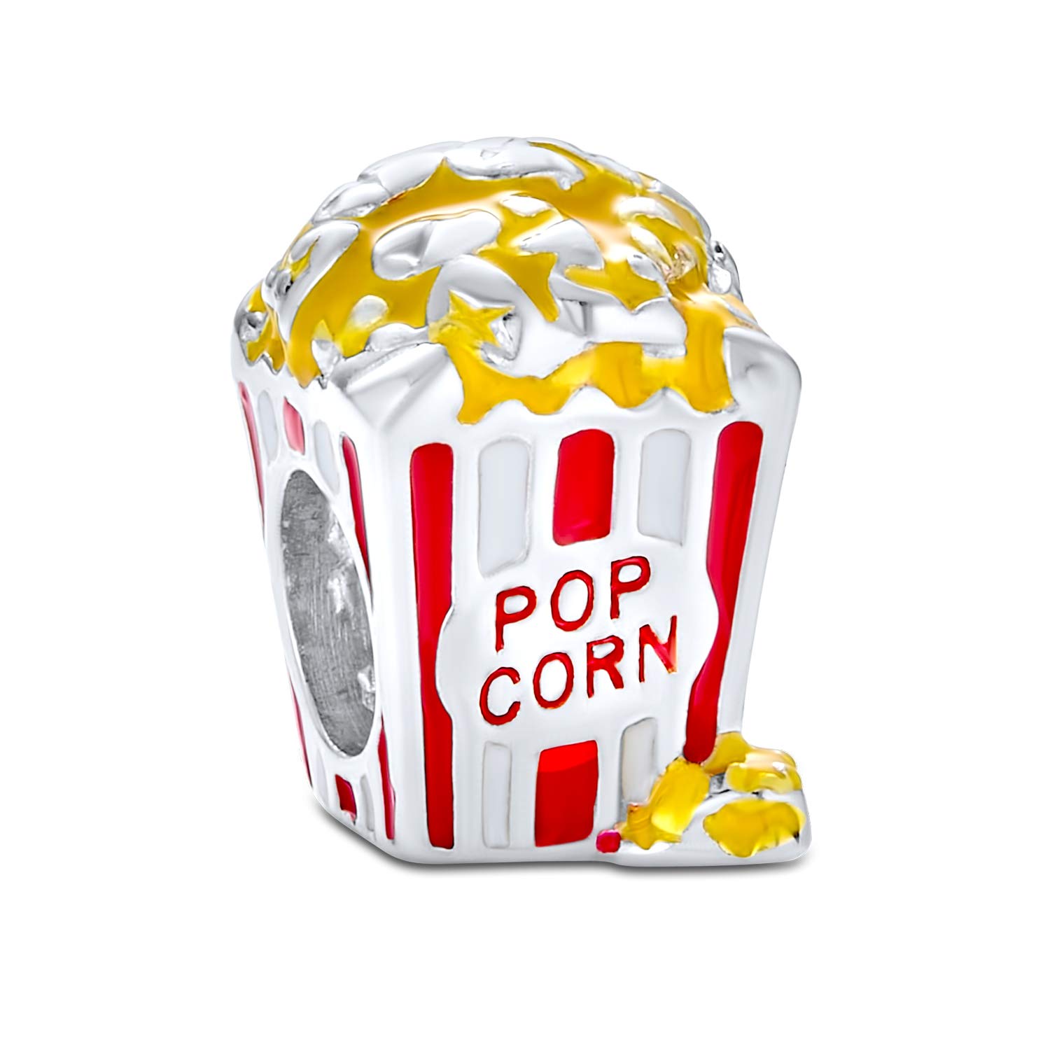 Movie Lover Pop Corn Bucket Multi Color Words Popcorn Charm Bead For Women Teen Enamel .925 Sterling Silver Fits European Bracelet