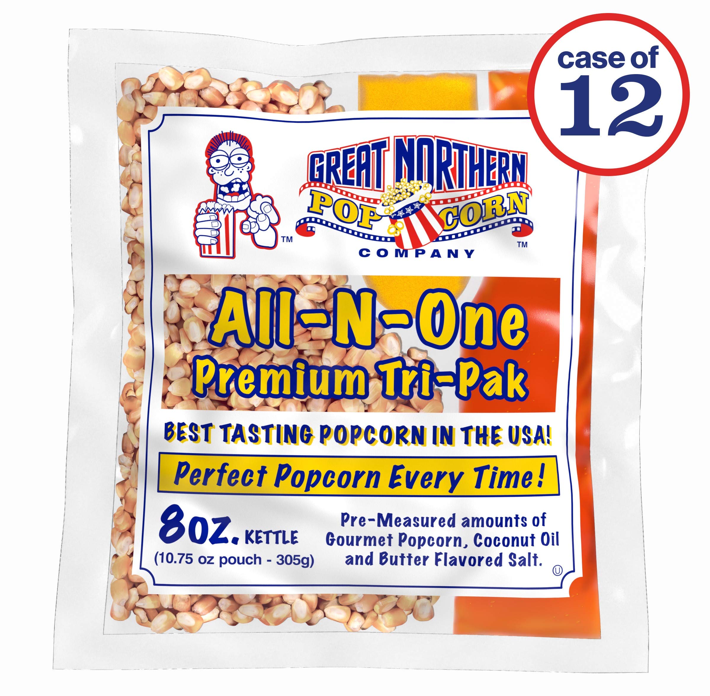 Movie Theater Style 12-Count Popcorn Packs - Pre-Measured 8-Ounce All-in-One Kernel, Salt, Oil Packets for Popping Machines by Great Northern Popcorn