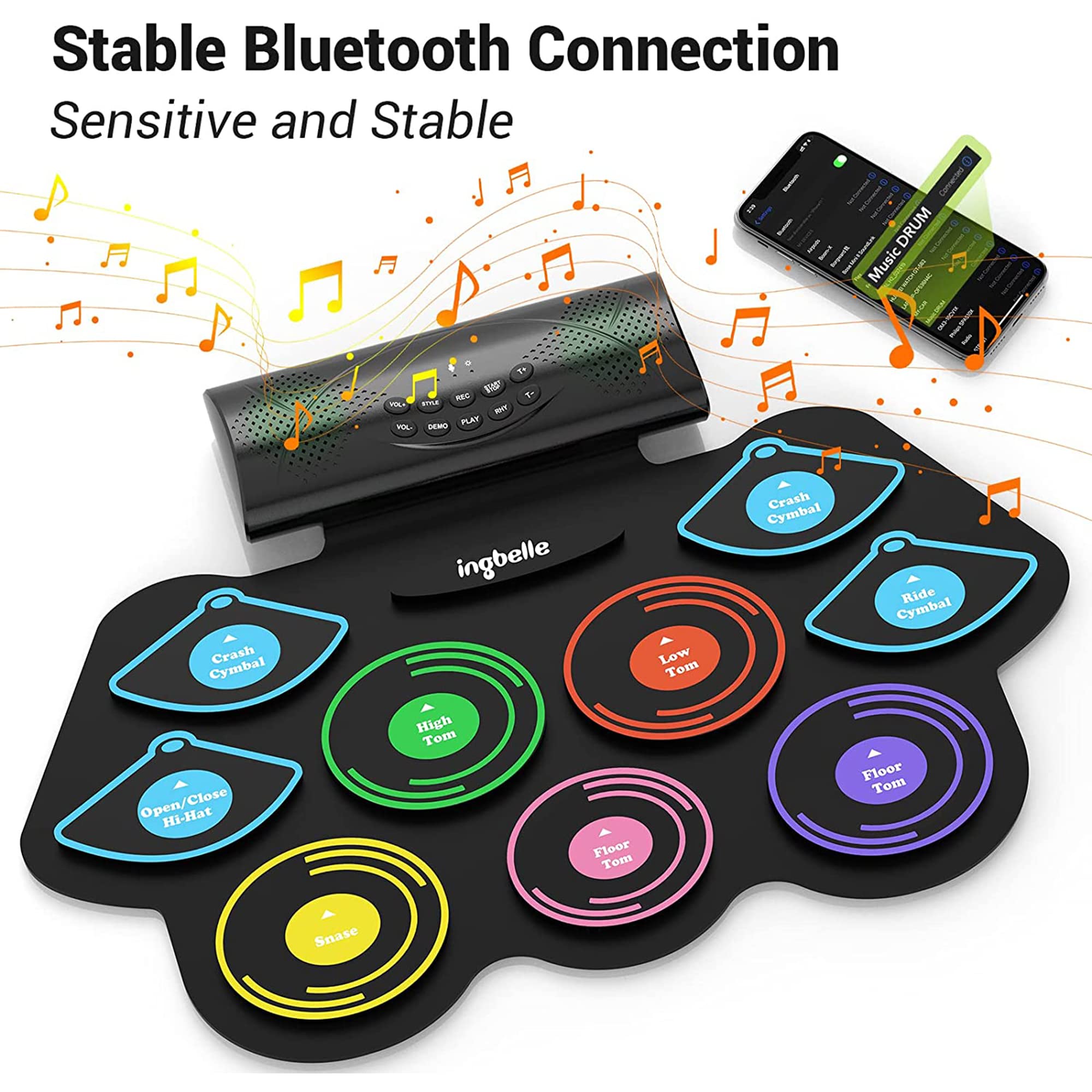 PAXCESS Portable 9 Pad Roll-Up Electronic Drum Set with Realistic Sounds, Foot Pedals, Drumsticks, Built-In Speaker, and Rechargeable Battery