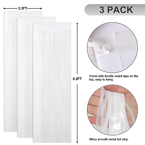 RUBFAC 3pcs 3.3x8.2 Feet White Fringe Backdrop Curtains,Tinsel Streamers Birthday Party Decorations,Fringe Backdrop for Birthday Girl Princess Bachelorette Party Decor