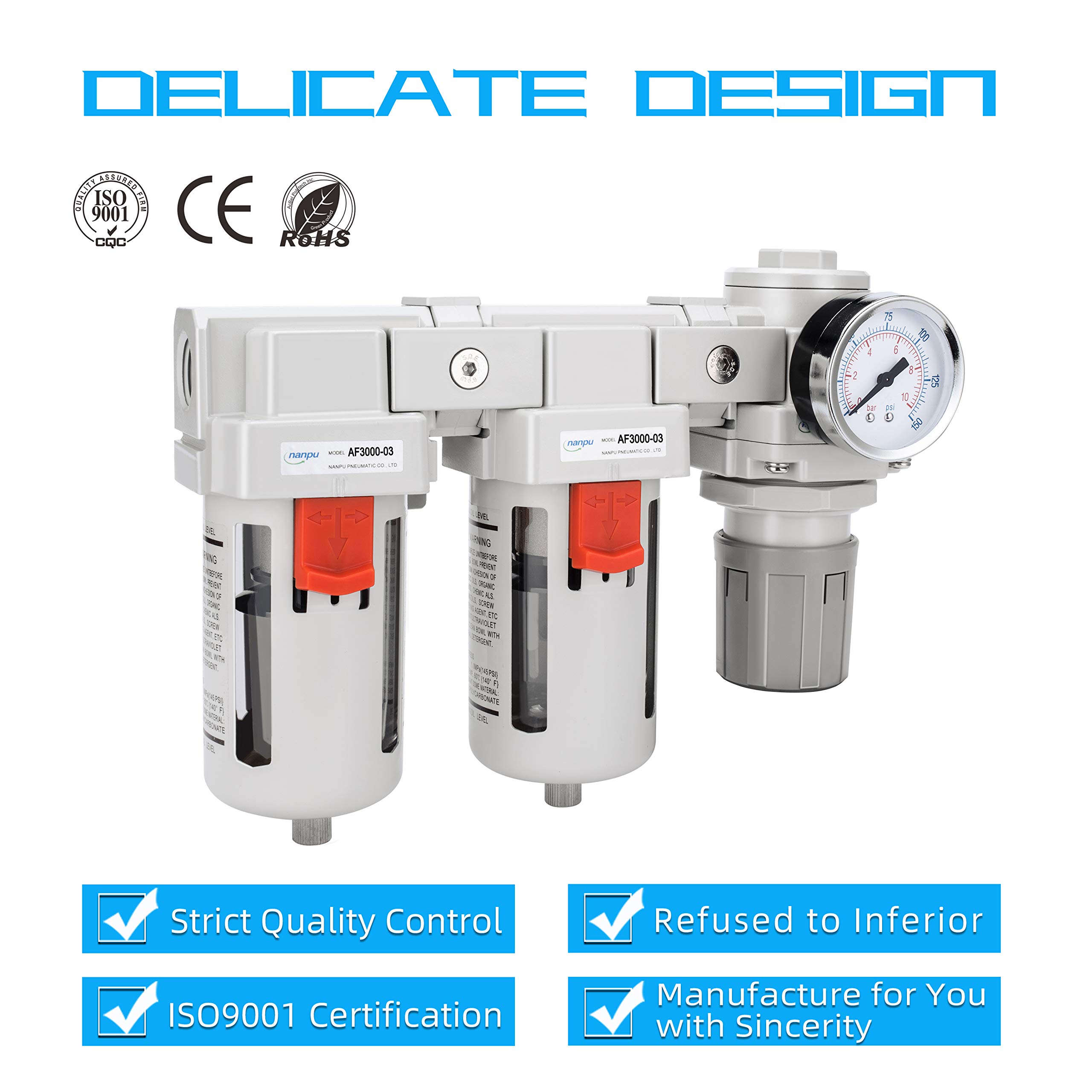 NANPU DFR-03 3/8" NPT Air Drying System - Double Air Filters, Air Pressure Regulator Combo - Semi-Auto Drain, Poly Bowl