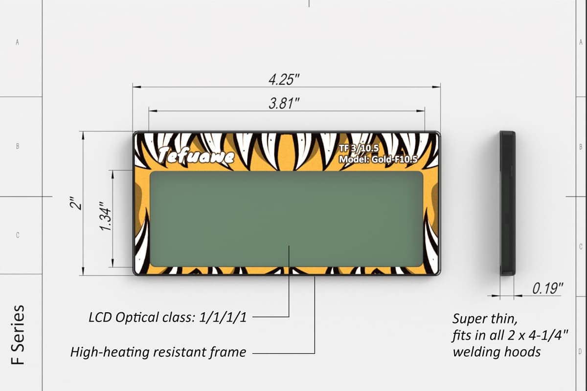 Tefuawe 2x4 1/4 Gold Welding Lens, Fixed Shade 10.5, Tig Rating 5 Amps, Thickness 0.19", HD Automatic Welding Lens for Pipeliner Welding Hood Parts