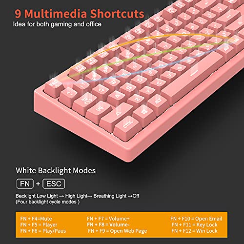 NACODEX DKS100 Wired Membrane Keyboard 104 Keys with Mechanical Feel - White Backlight Computer Keyboard - 19 Anti-Ghosting Keys Floating Keyboard (Pink)