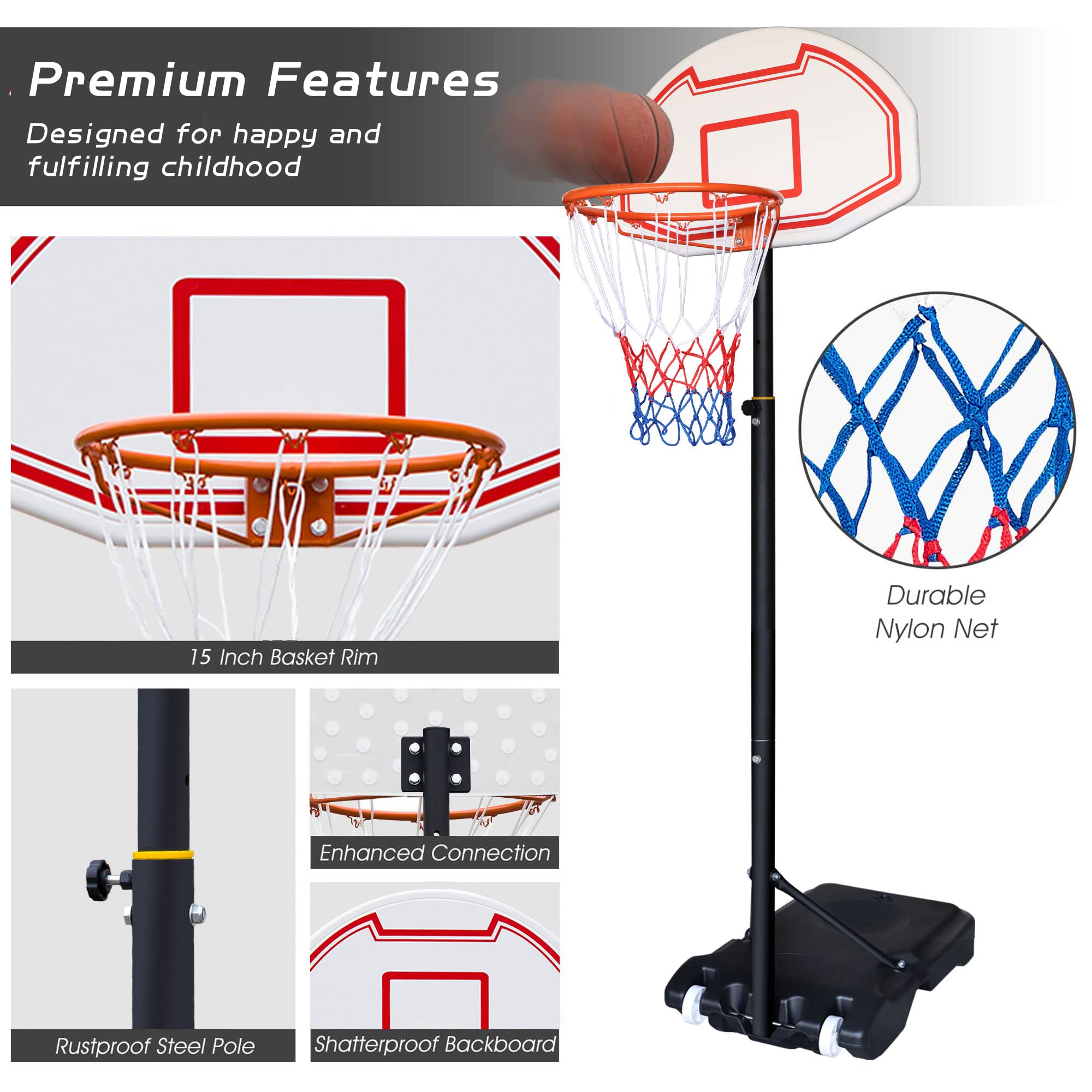 Touch Fish Products Youth Height-Adjustable Basketball Hoop,Portable Basketball Goal Outdoor,High Adjustable from4.9to6.9 FT,3.74 SF Backboard,Nylon Net - Multicolor