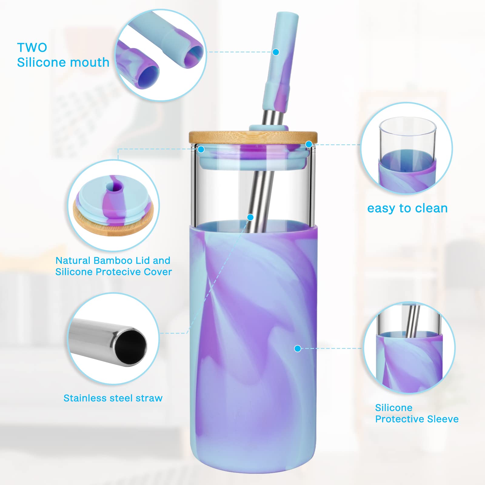 Tronco 20oz Glass Tumbler with Bamboo Lid and Straw,Iced Coffee Cup Reusable,Smoothie Cup, Glass Boba Tea Cup,Spill Proof Glass Water Bottle With Silicone Protective Sleeve- BPA Free