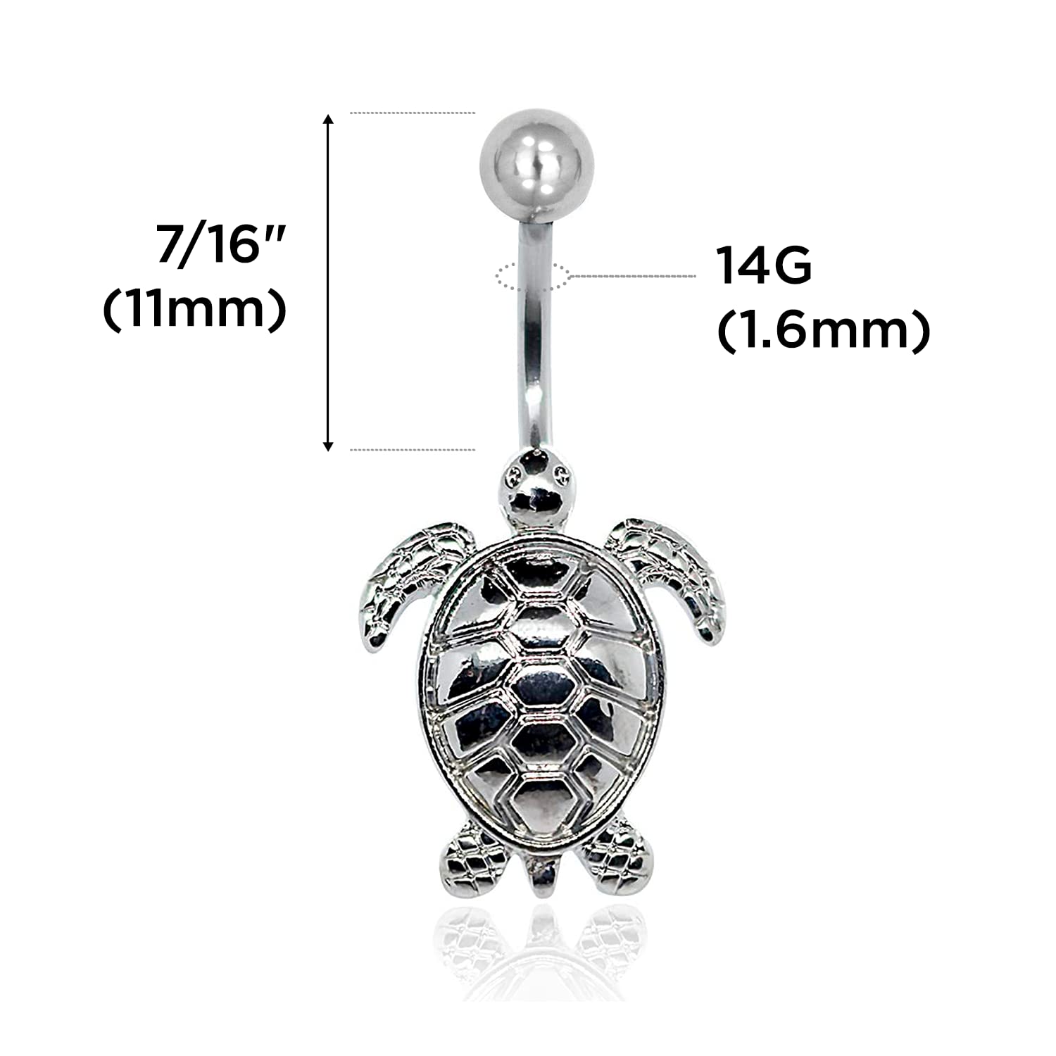 Pierce2GO Sea Turtle Belly Button Ring - 14G Surgical Steel turtle Belly Button Ring - Belly Button Rings Piercing for Women β 7/16β