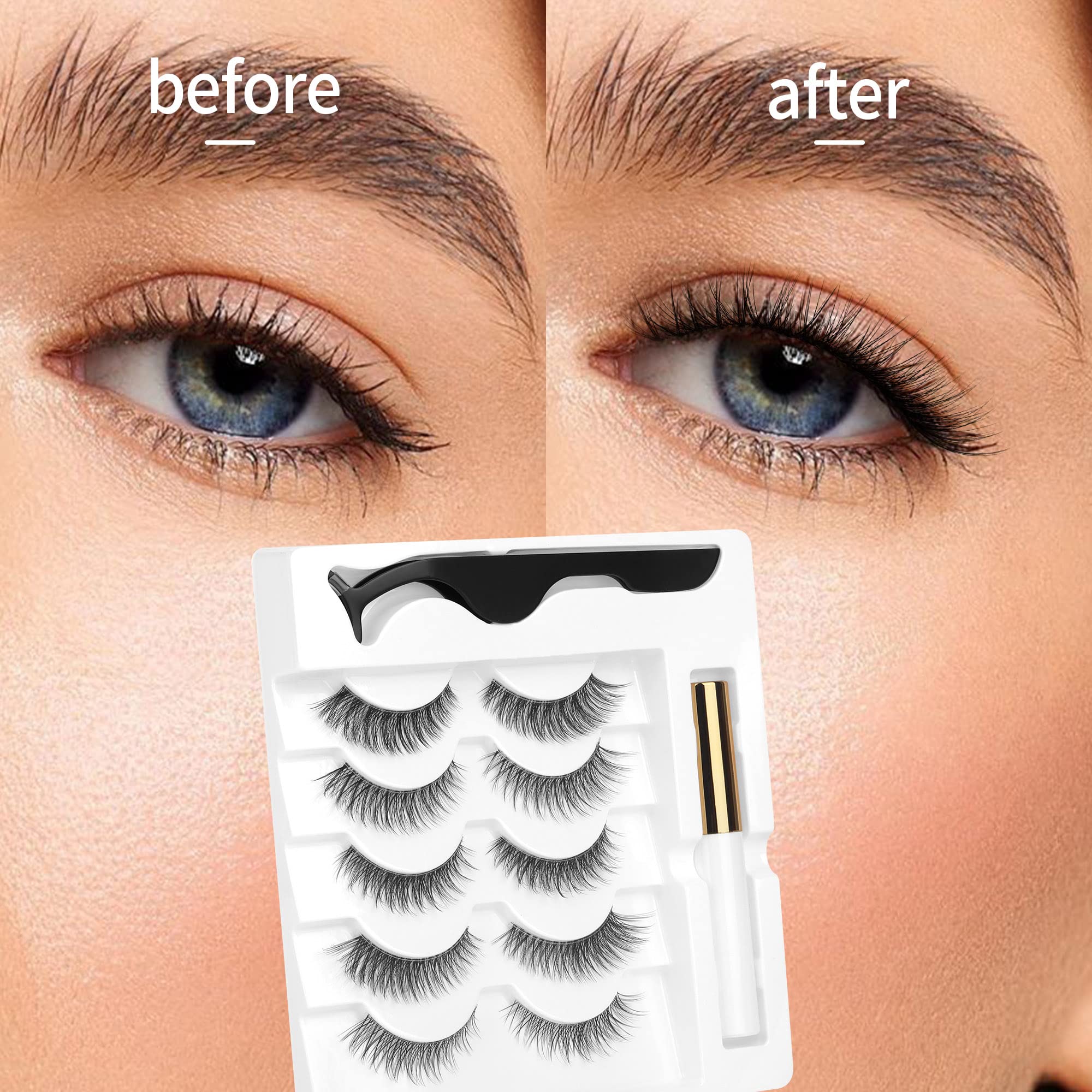 wiwoseo Eyelashes Natural Volume Extension DIY Individual Lashes Cat Eyes Clear Band Natural Wispy Fluffy Natural Looking with Glue & Tweezers Updated Technology Reusable Lashes 5 Pairs Pack